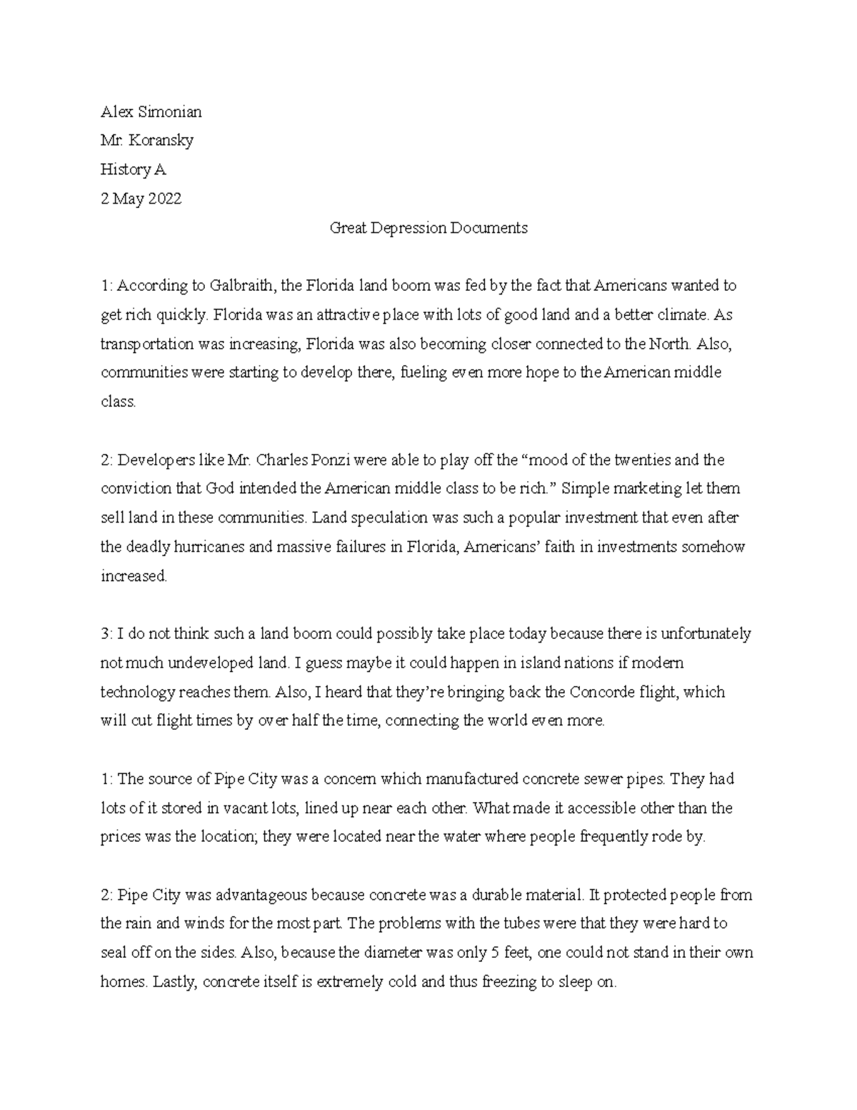 Great Depression Documents - Alex Simonian Mr. Koransky History A 2 May ...