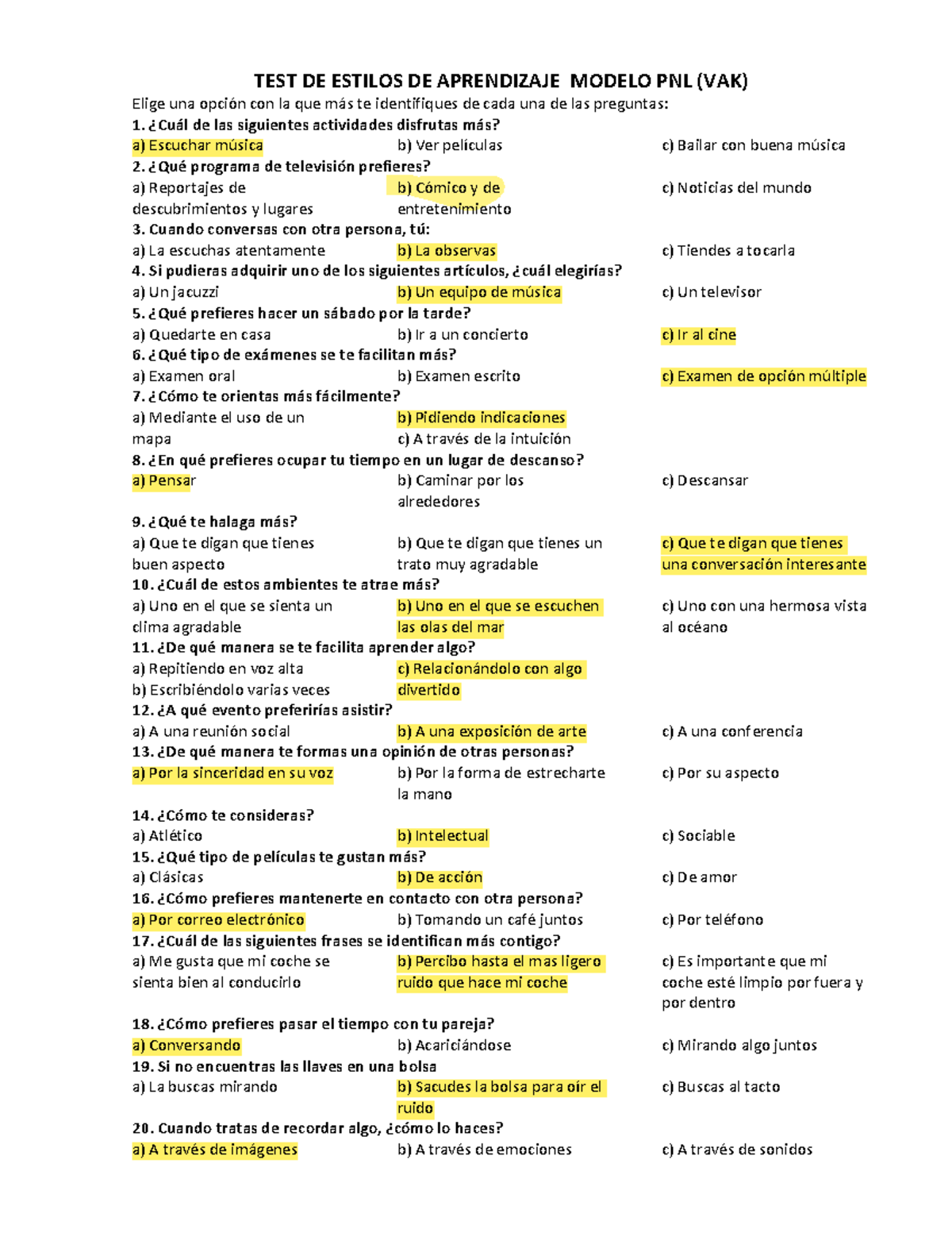 TEST VAK xd - xdcdcdwcdcd - TEST DE ESTILOS DE APRENDIZAJE MODELO PNL ...
