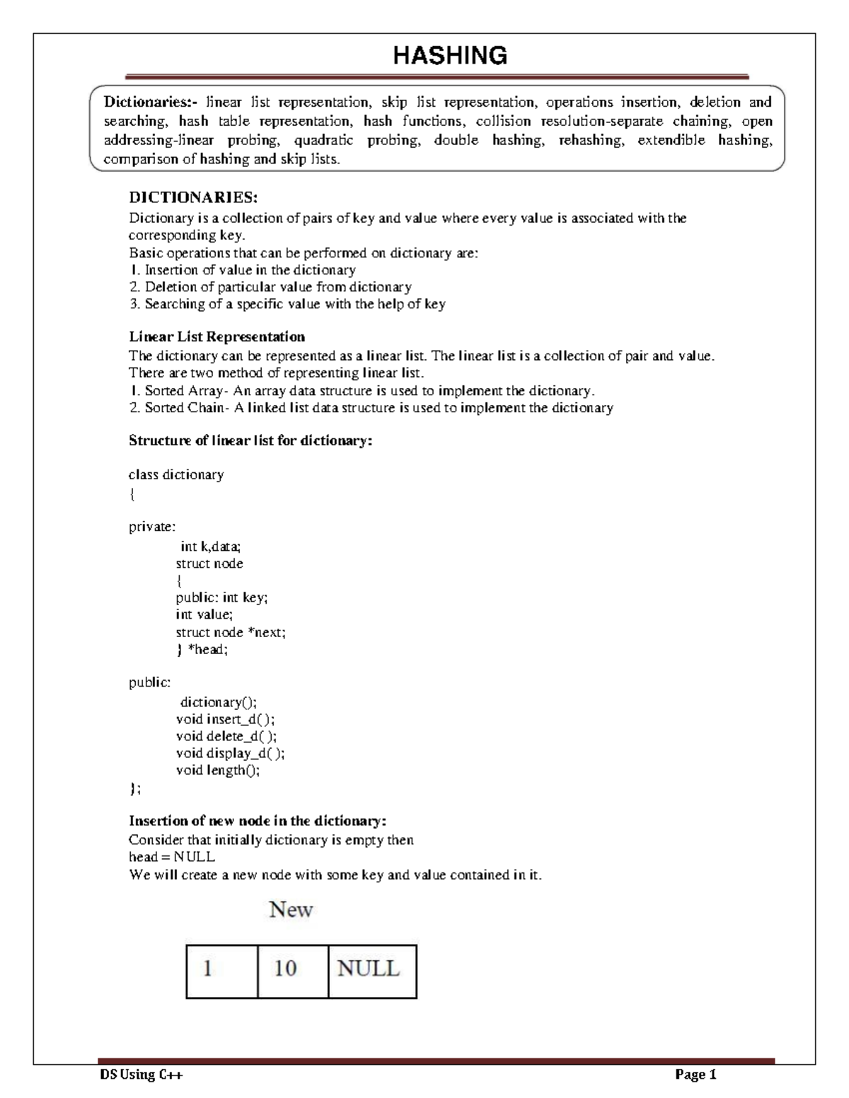 Hashing Dictionaries Linear List Representation Skip List