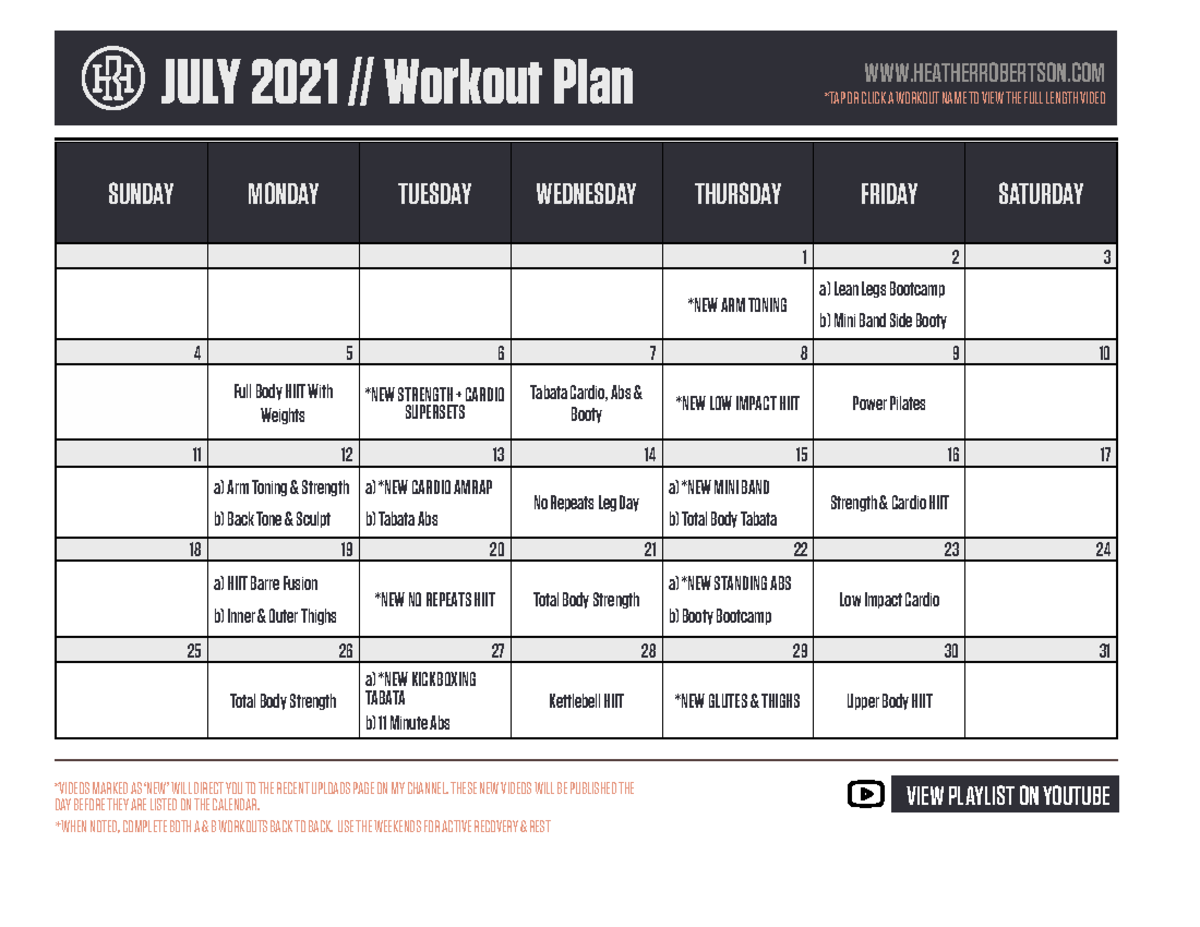HR JULY Workout Calendar 2021 - JULY 2021 // Workout Plan SUNDAY MONDAY ...
