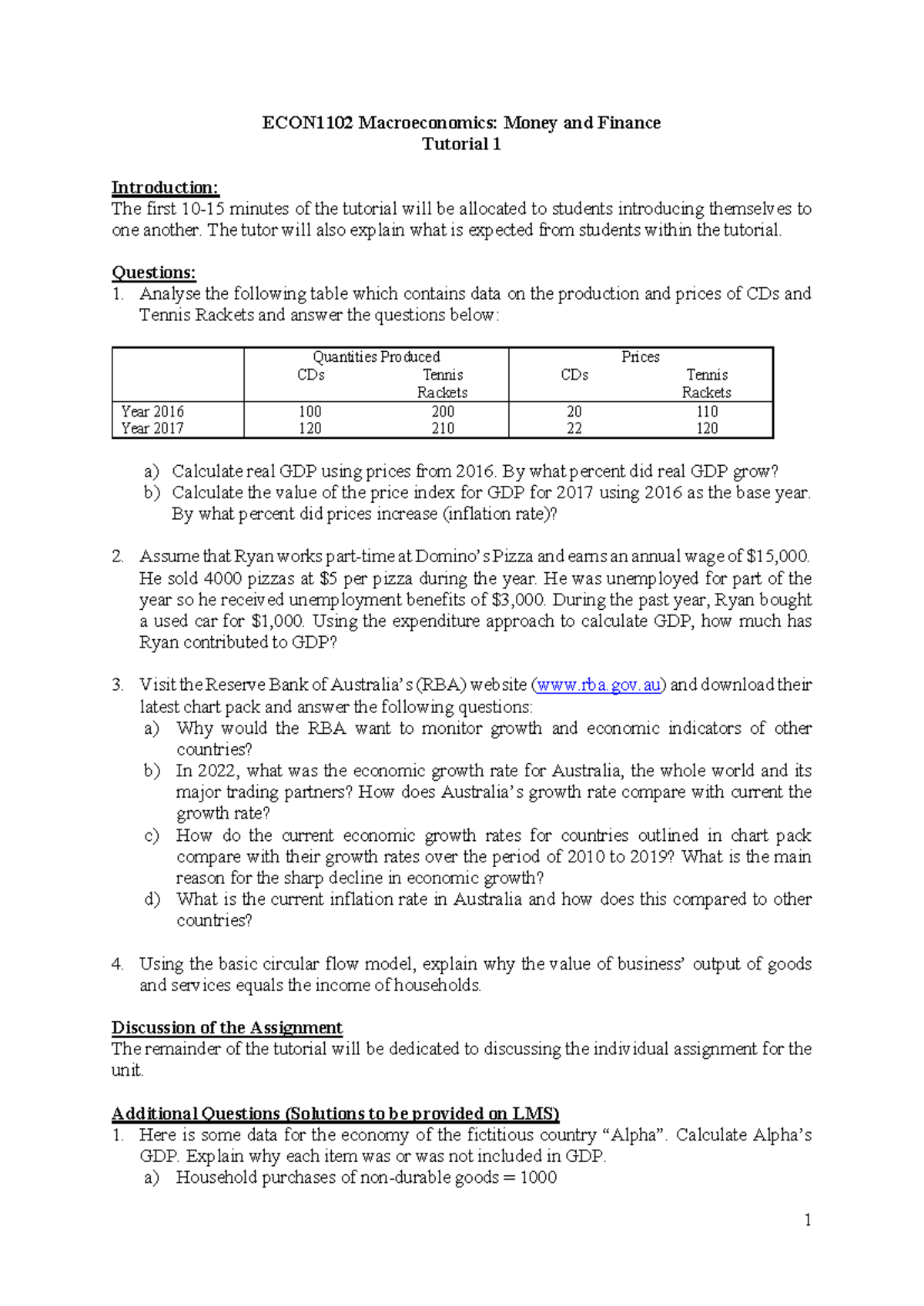Tutorial 1 Questions - 1 ECON1102 Macroeconomics: Money and Finance Tutorial 1 Introduction: The ...
