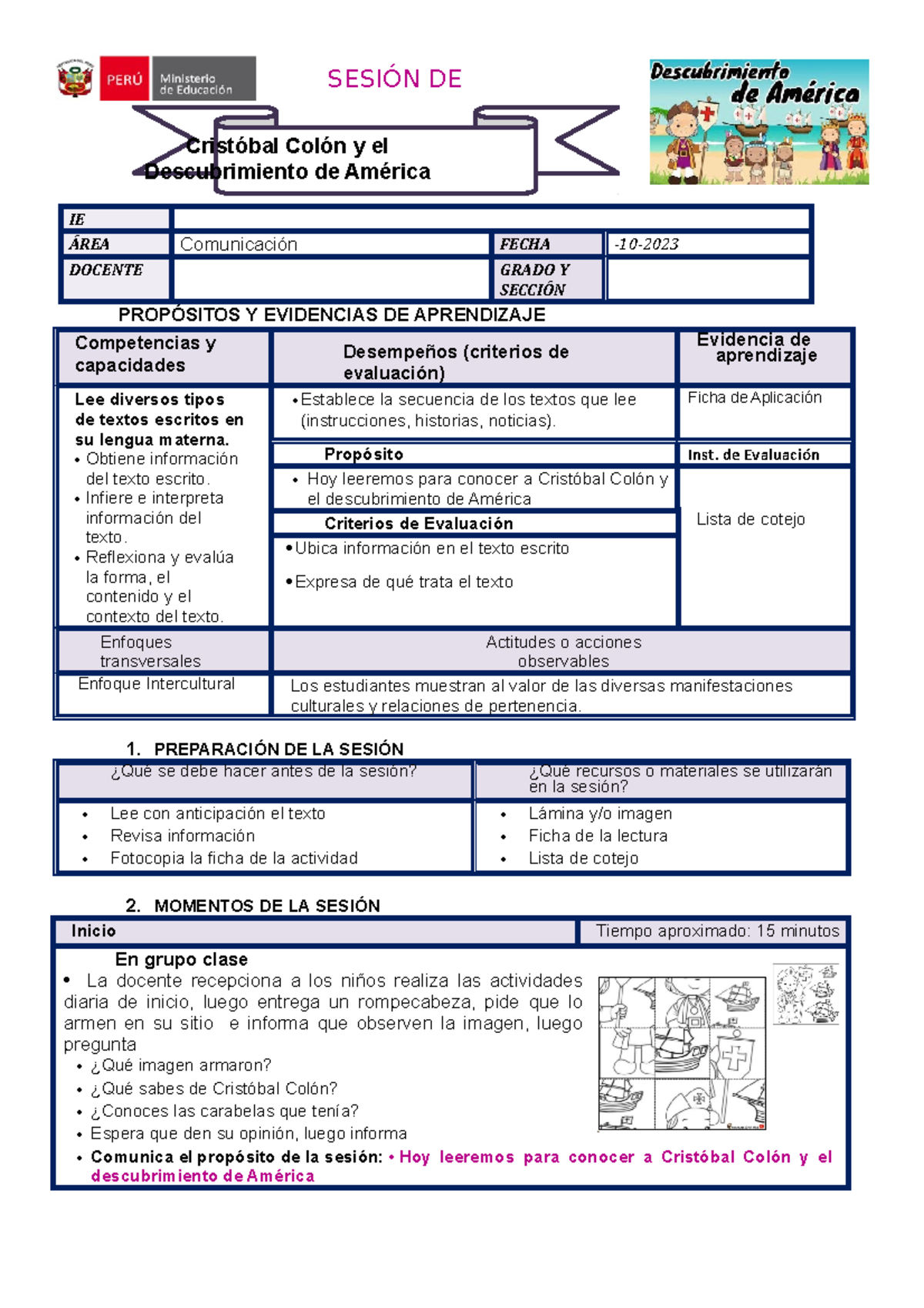Sesión Cristóbal Colón y el Descubrimiento de América - PROPÓSITOS Y ...