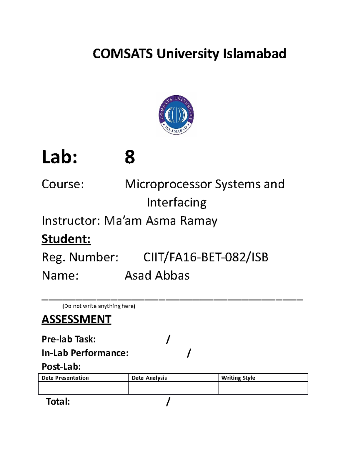 Lab Report 08 - Lab: 8 Course: Microprocessor Systems and Interfacing ...
