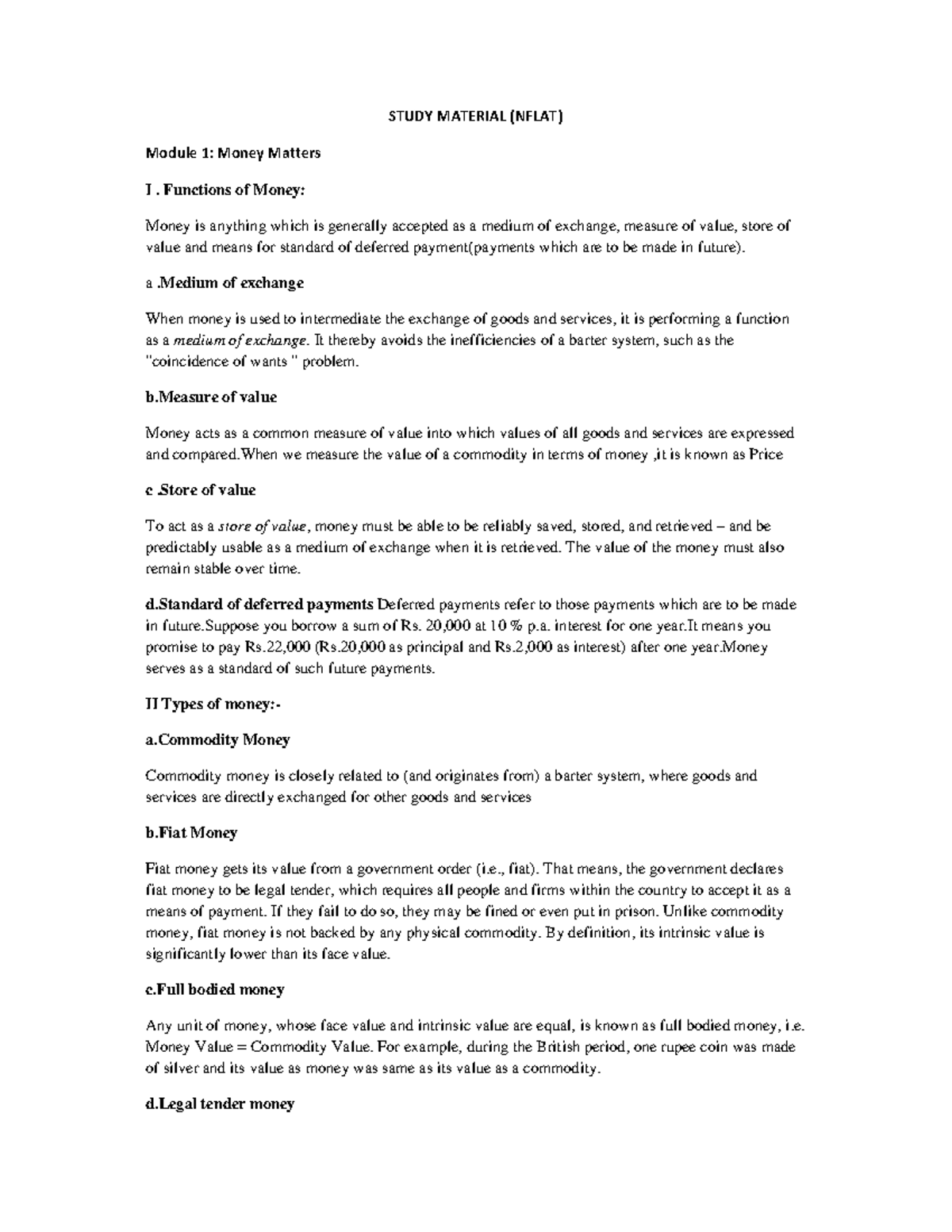 Nflat-2022 - yrnrn - STUDY MATERIAL (NFLAT) Module 1: Money Matters I ...