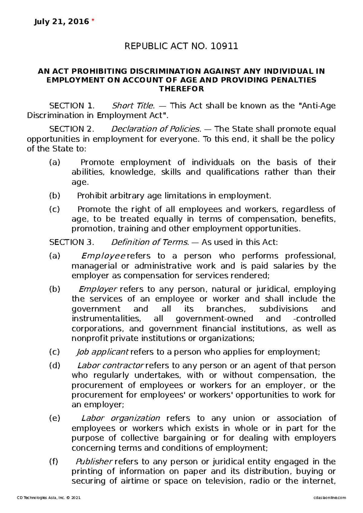 RA 10911 (Anti-Age Discrimination in Employment Act) - **July 21, 2016 ...