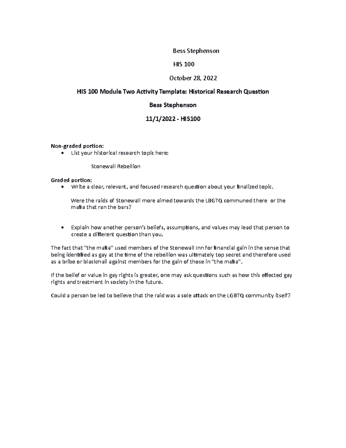 HIS 100 Module Two Activity Research Question - Bess Stephenson HIS 100 ...
