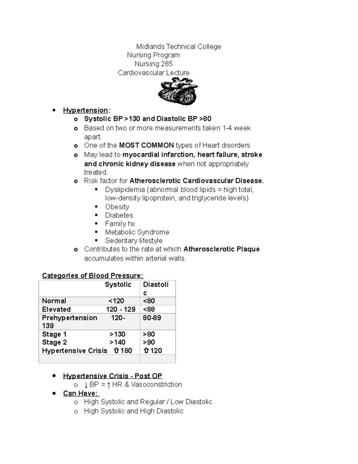 Hypertension 157 - Lecture notes 17 - Midlands Technical College ...