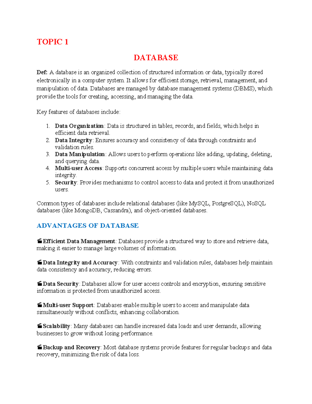 ICT II - Database Notes - TOPIC 1 DATABASE Def: A database is an ...