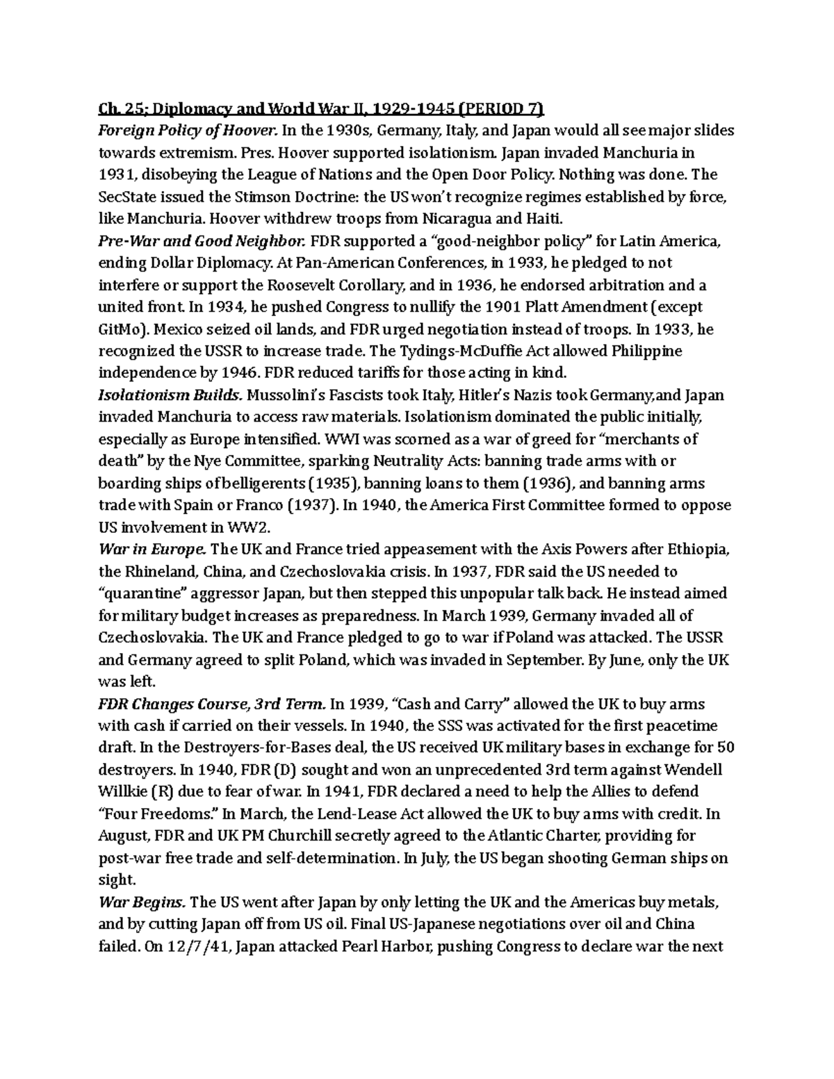 Chapter 9 and 10 - Ch. 25; Diplomacy and World War II, 1929-1945 ...