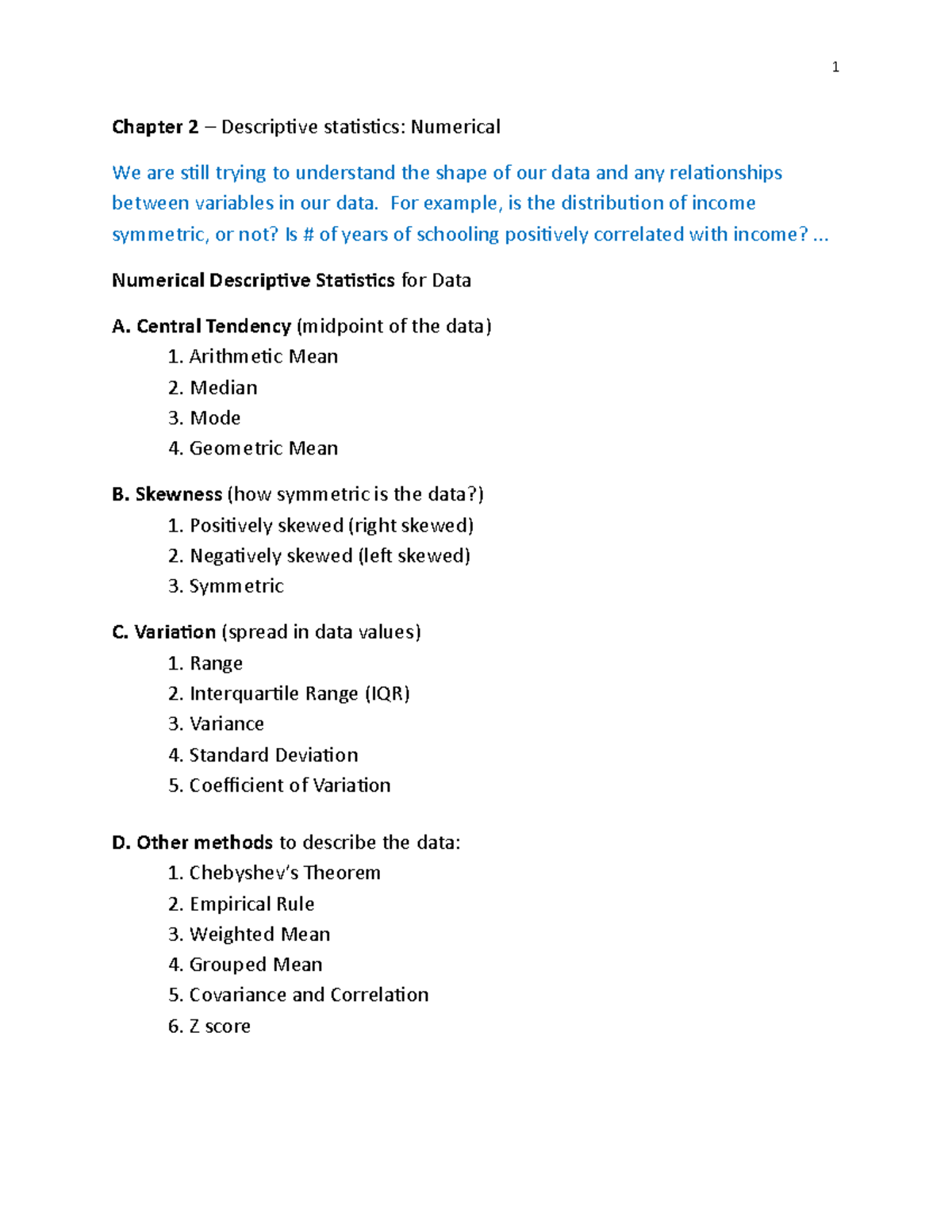 Chapter 2 S - Lecture notes 3-4 - Chapter 2 – Descriptive statistics ...