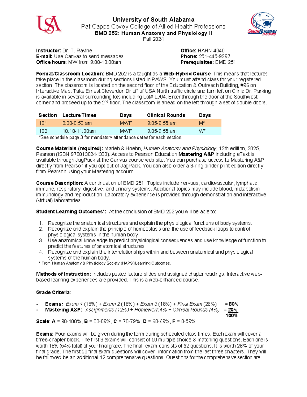 BMD 252 Syllabus - Fall 2024-3 - University of South Alabama Pat Capps ...