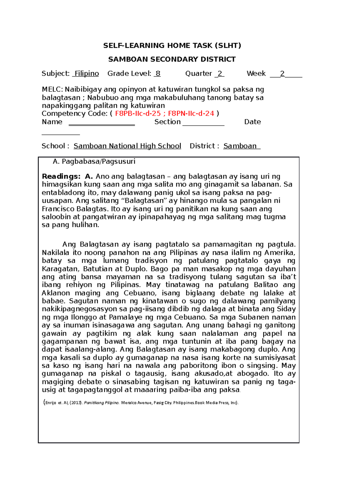 Q2-SLHT-2 - for notes - SELF-LEARNING HOME TASK (SLHT) SAMBOAN ...