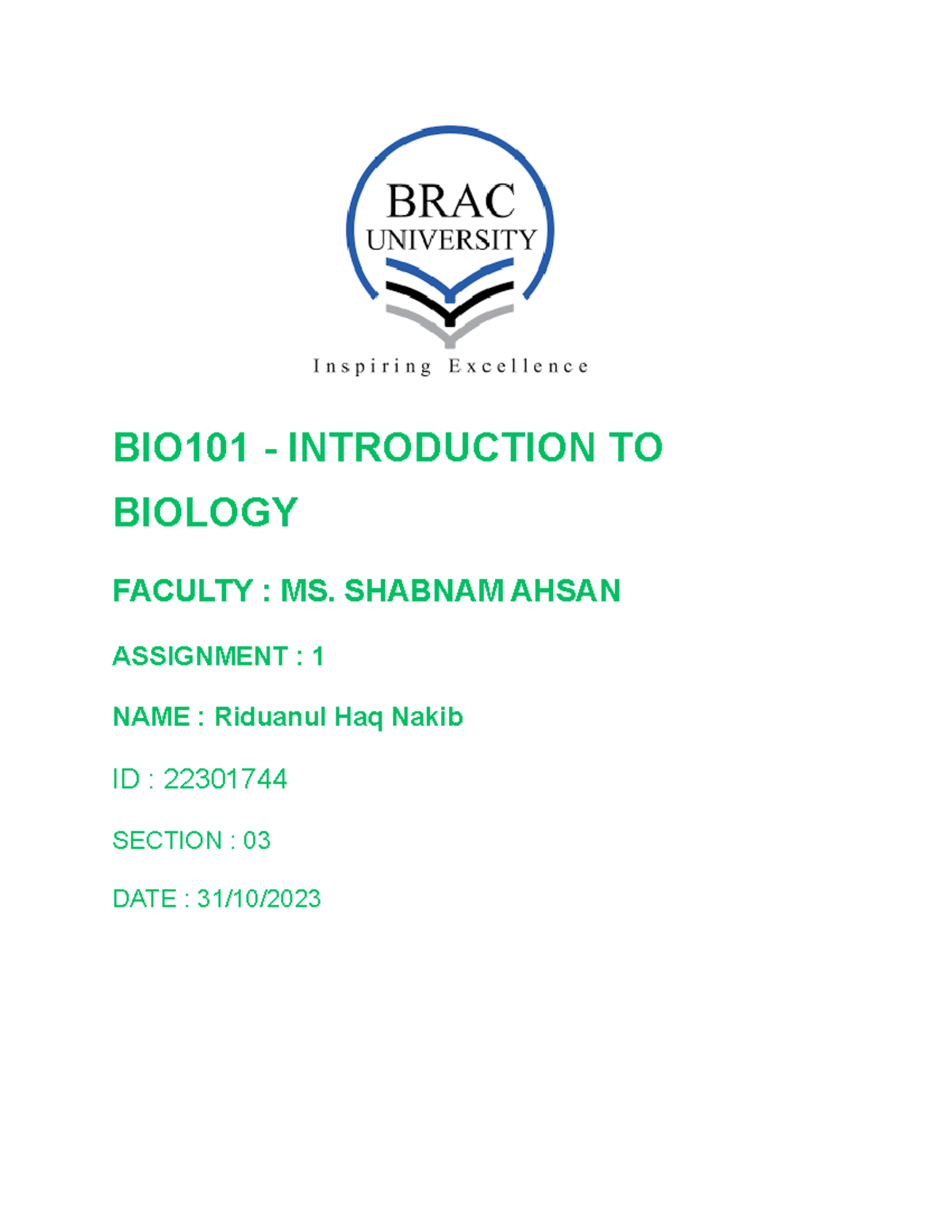 BIO101 22301744 Riduanul Haq NAkib Assignment 1 - BIO101 - INTRODUCTION TO BIOLOGY FACULTY : MS ...