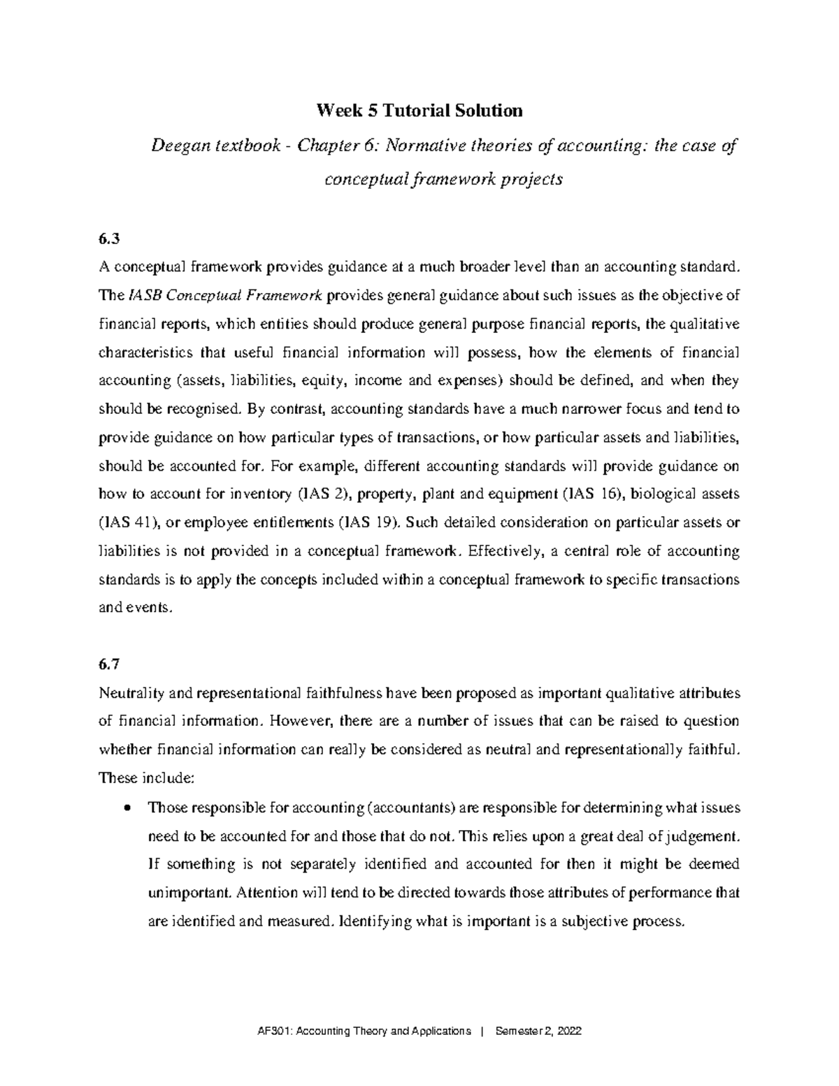 AF301 Week 5 Tutorial Solution - AccountingTheory - USP - Studocu