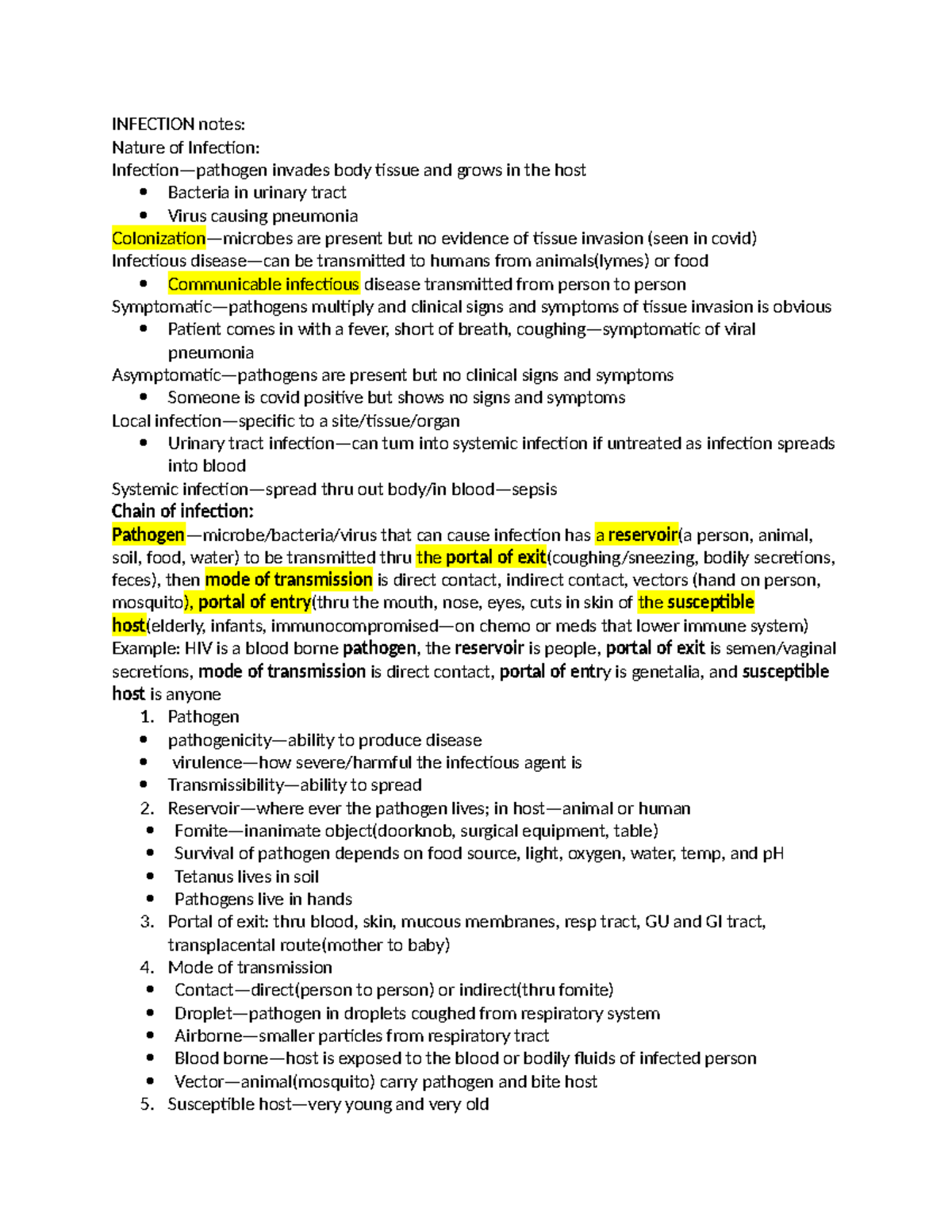 Infection Notes Q1 - INFECTION notes: Nature of Infection: Infection ...