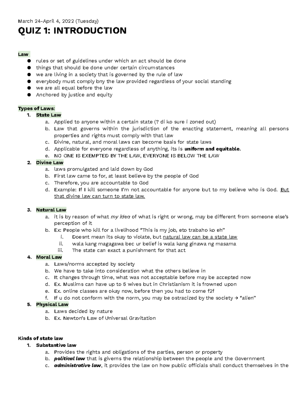 [ Coblaw 1] Quiz 1 Notes - March 24-April 4, 2022 (Tuesday) QUIZ 1 ...