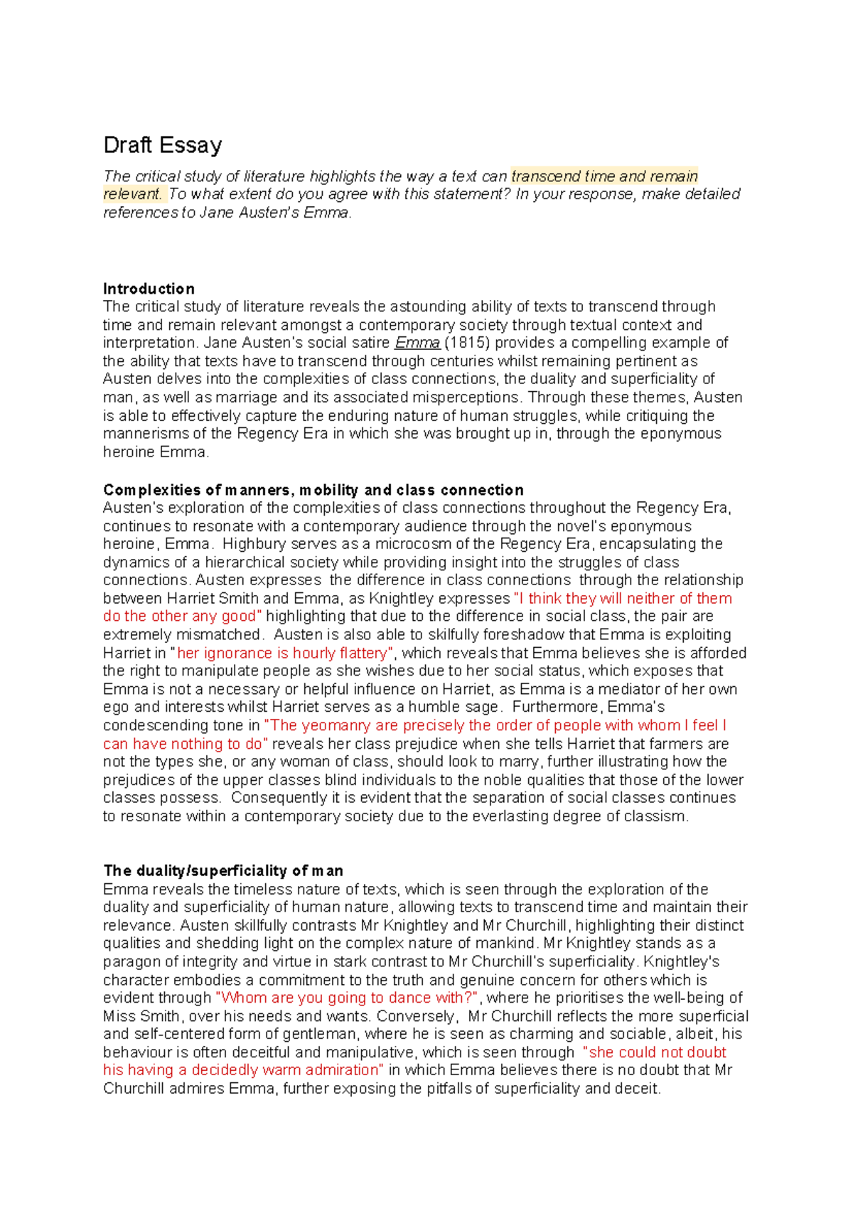Emma Draft Essay - Draft Essay The critical study of literature ...