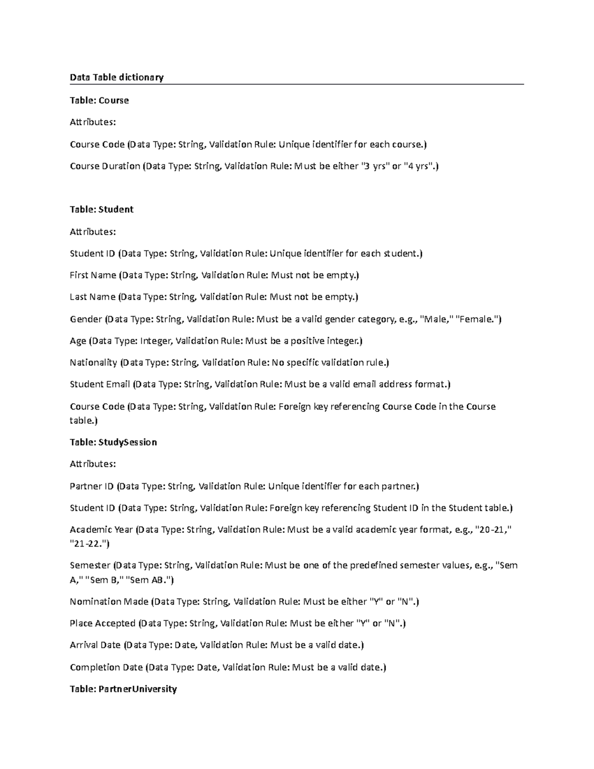 Hana - SQL - Data Table dictionary Table: Course Attributes: Course ...