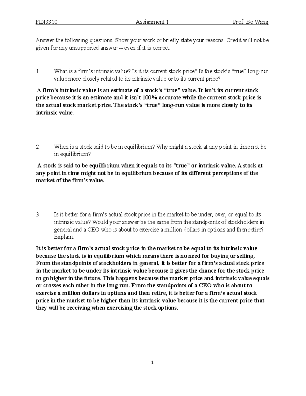 Finance Assign. 1 Questions - FIN3310 Assignment 1 Prof. Bo Wang Answer ...