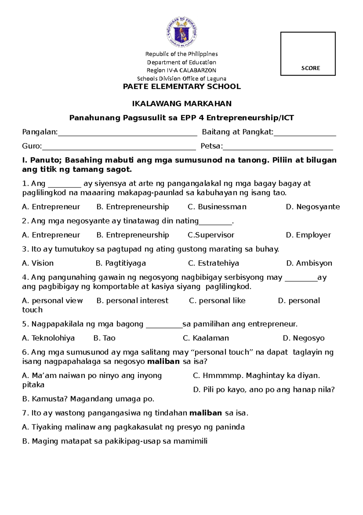 2nd EPP PT ICT ENT, WITH TOS - Republic of the Philippines Department ...