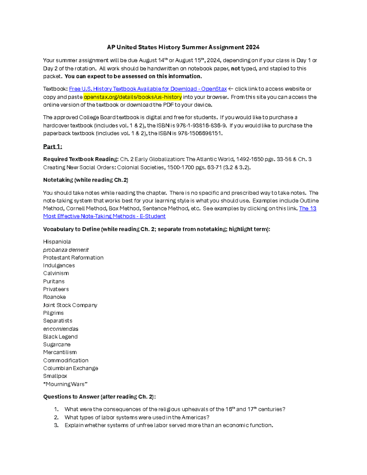 AP United States History Summer Assignment 2024-2 - All work should be ...
