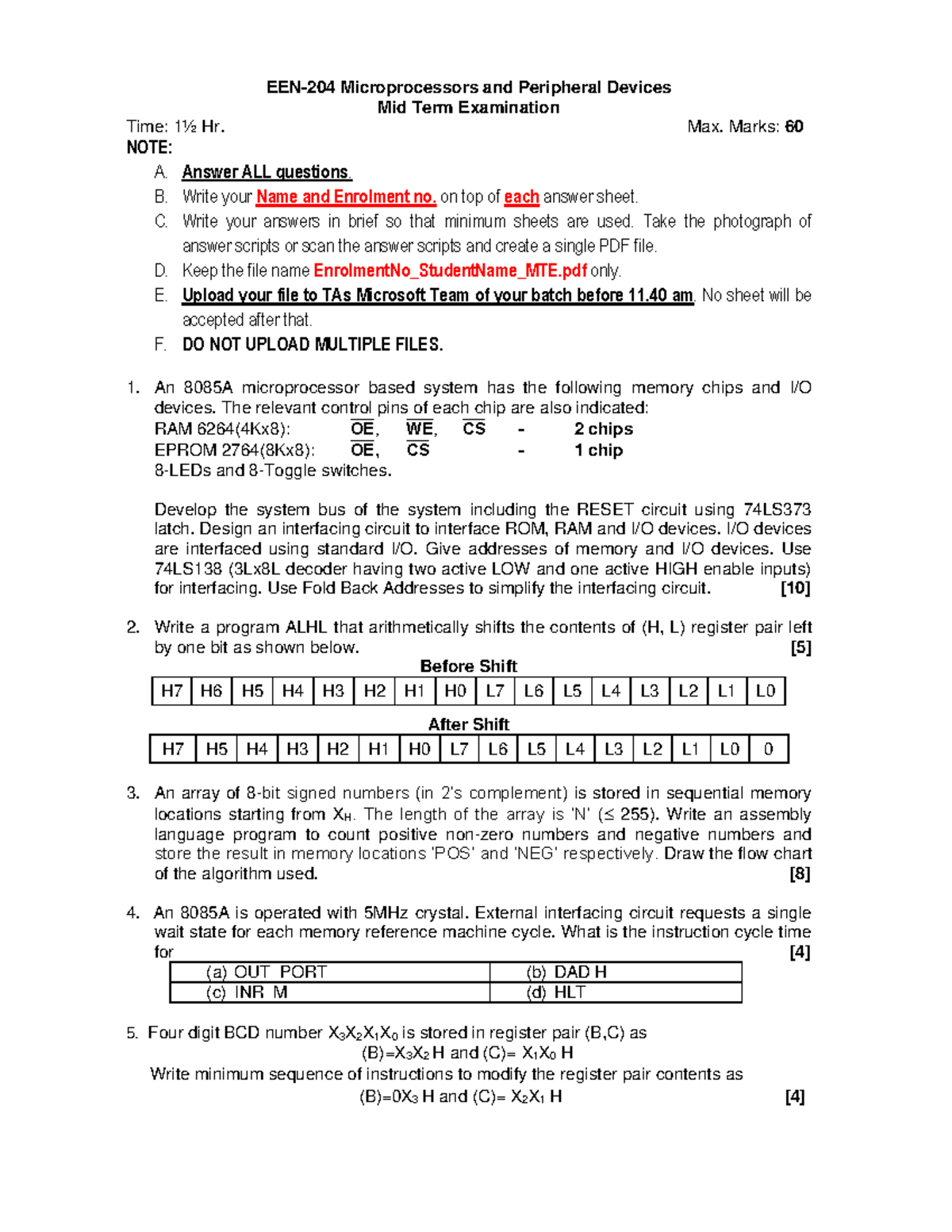 EEN-204 MTE 2022 - EEN-204 Microprocessors and Peripheral Devices Mid Term Examination Time: 1½ ...