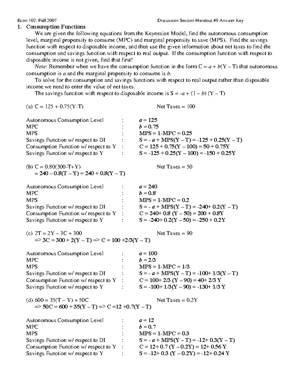 Chapter 7 Mathematics Consumption Function - Econ 102: Fall 2007 ...