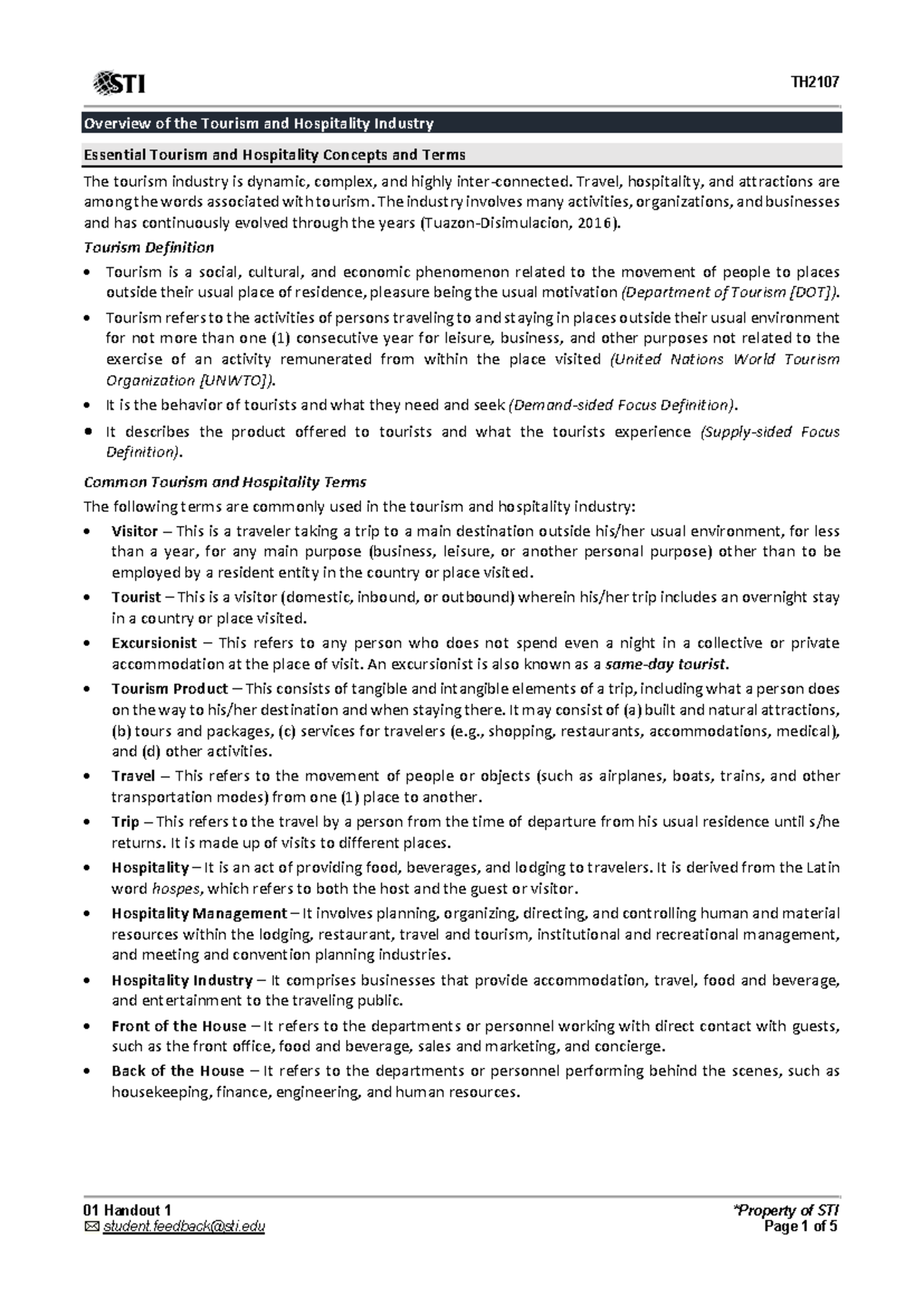 01 Overview of Tourism and Hospitality Industry - 01 Handout 1 ...