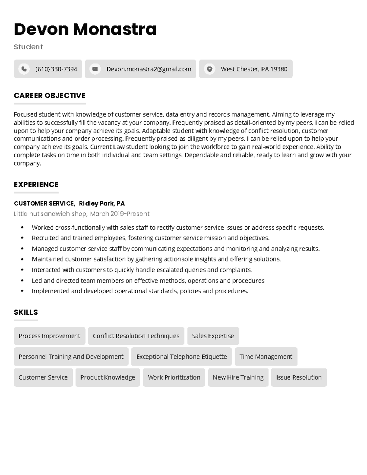 Devon Monastra Resume - Notes - Devon Monastra Student (610) 330-7394 ...