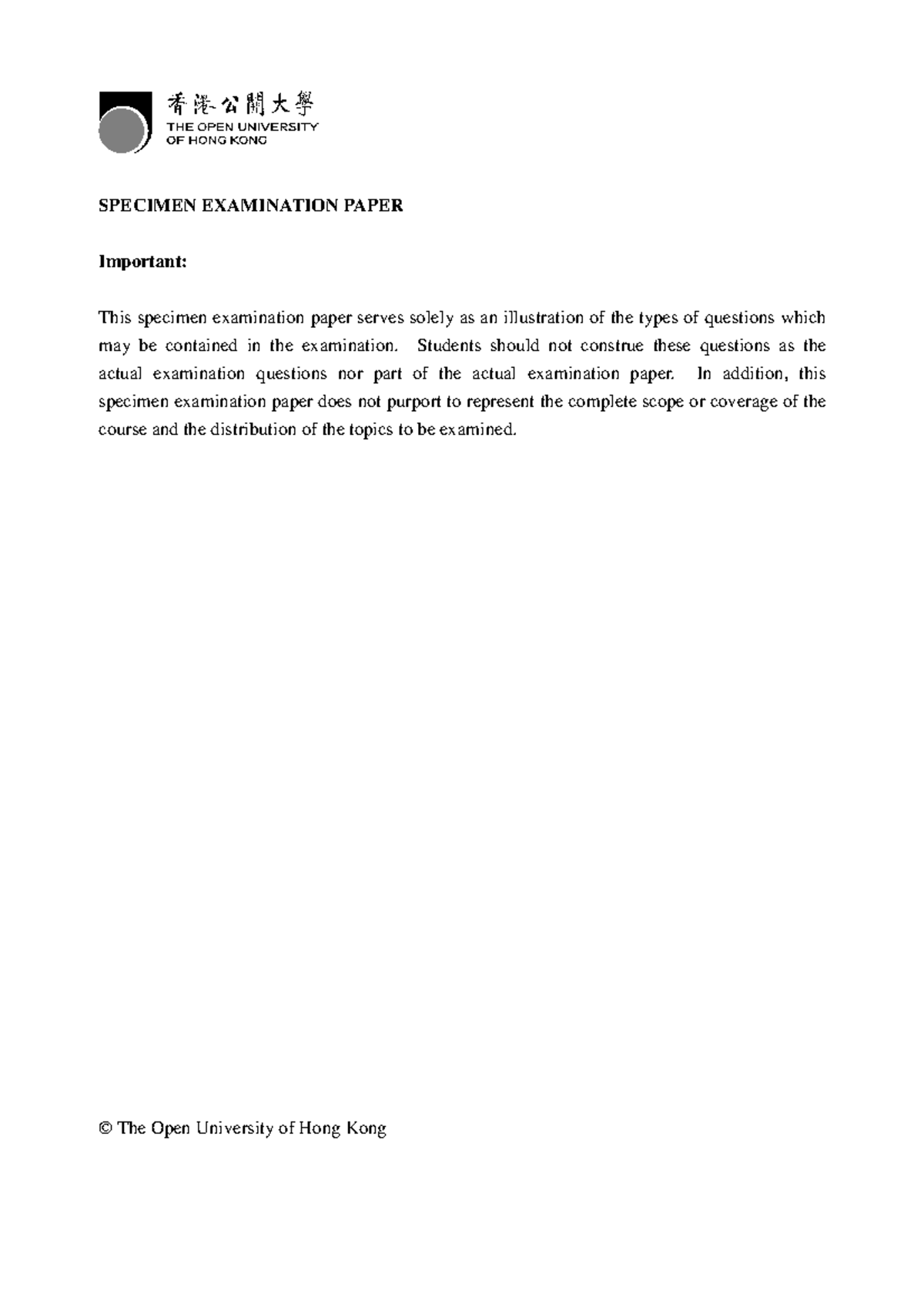 Exam 2014, questions and answers - SPECIMEN EXAMINATION PAPER Important ...