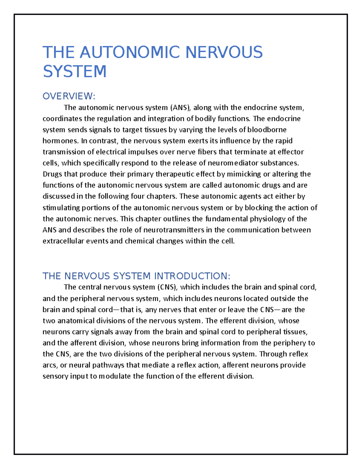Detail NOTE ON THE Autonomic Nervous System'S Anatomy AND Physiology ...