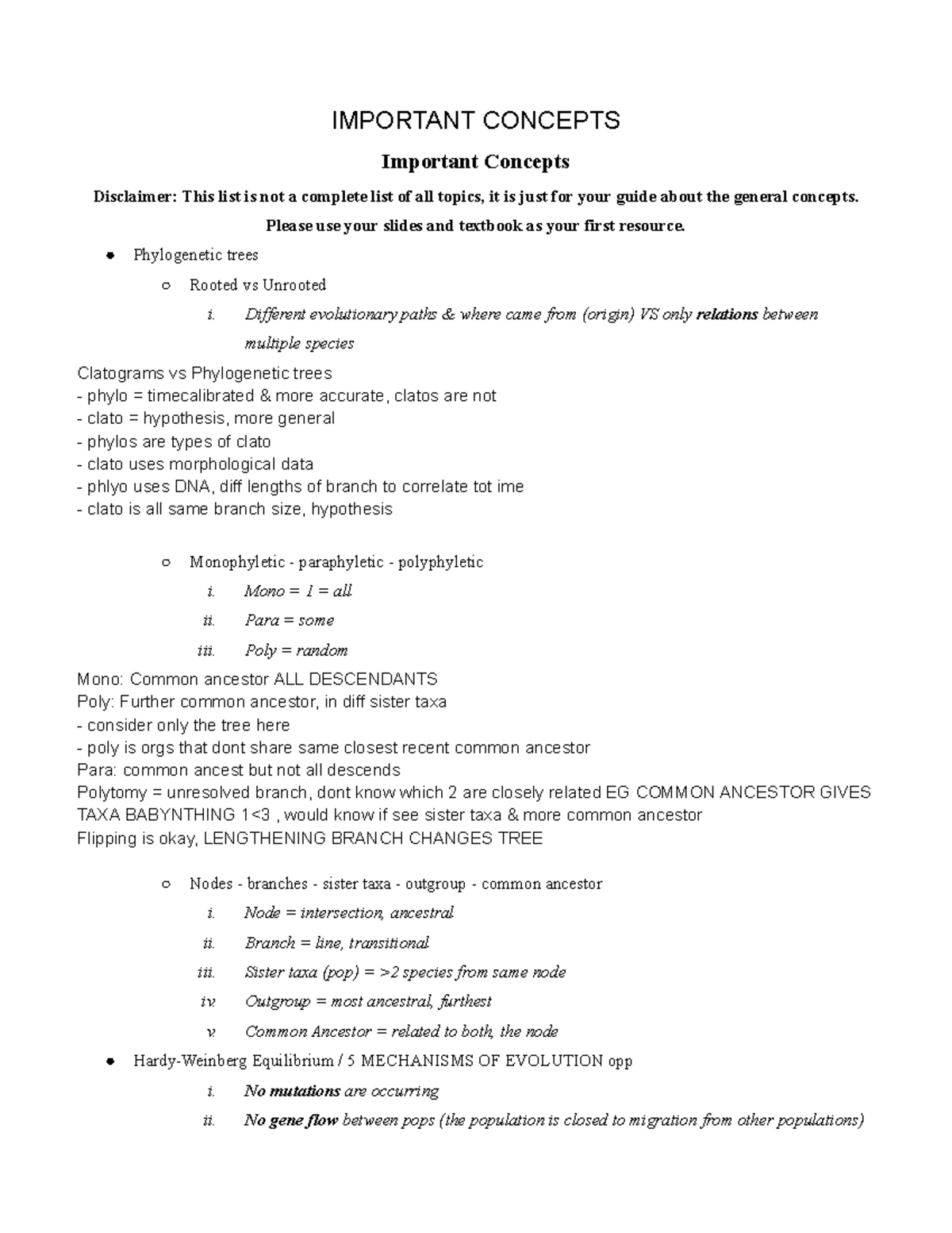 BIOA01 Mod 1 Important Concepts - IMPORTANT CONCEPTS Important Concepts ...