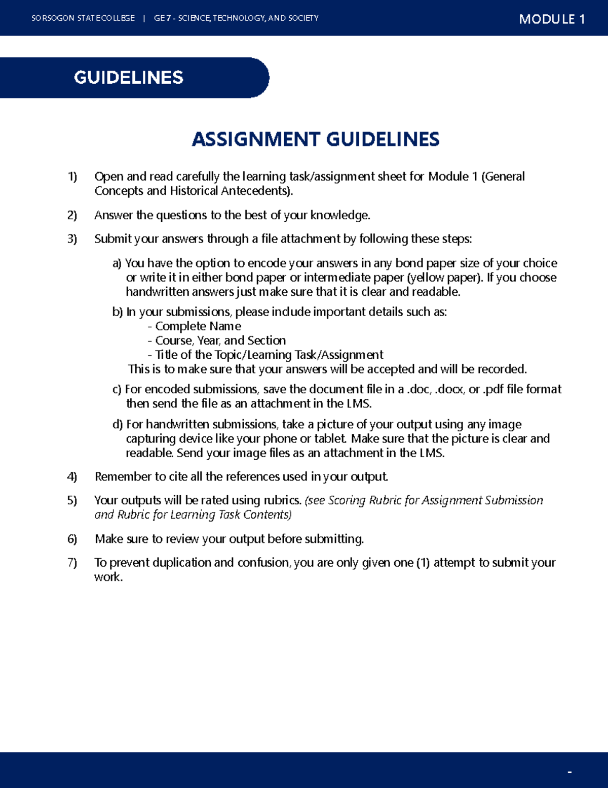 STS Module 1 - Learning Tasks-Assignment Guidelines and Rubrics ...