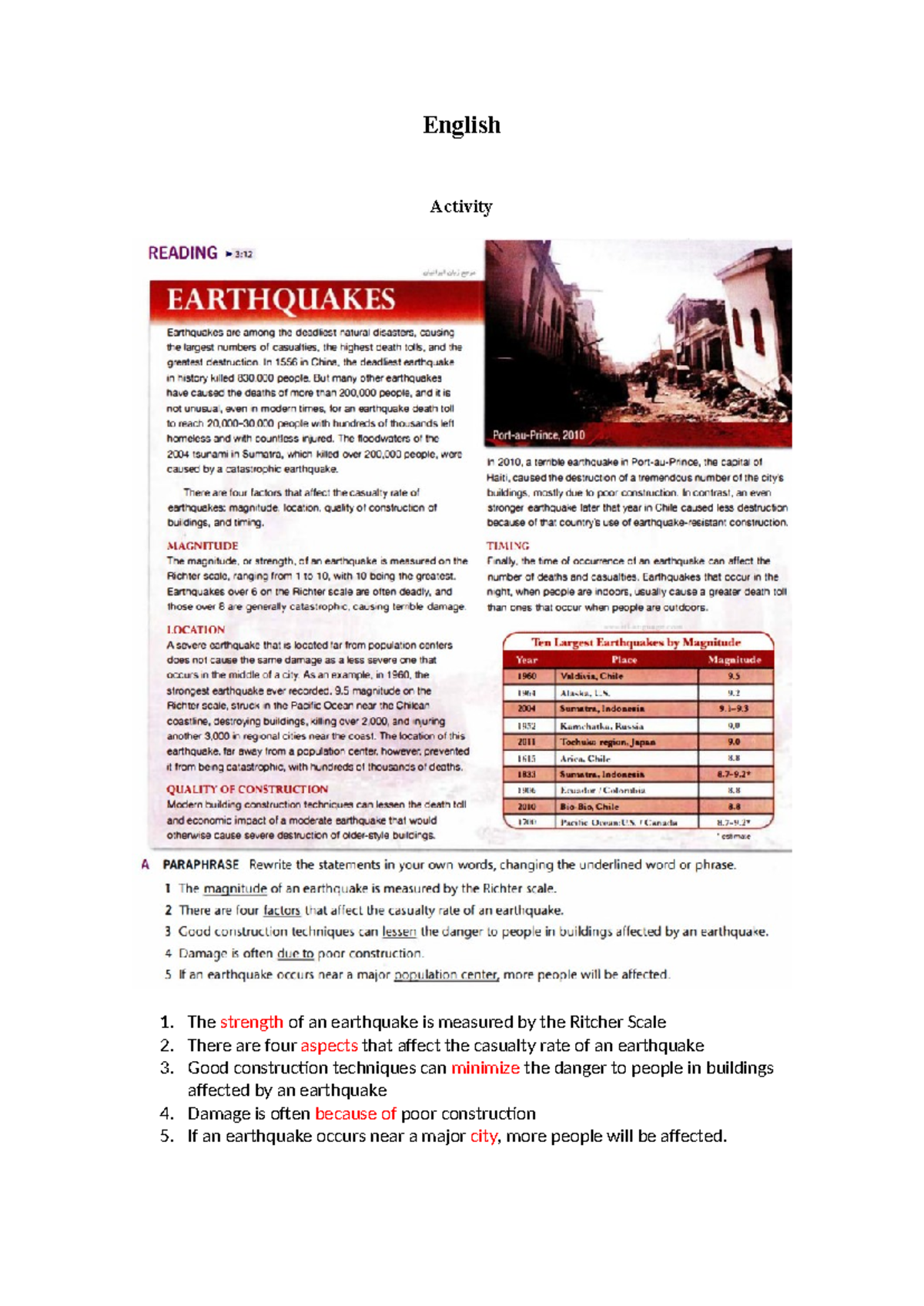 Reading activity earthquake - English Activity 1. The strength of an ...