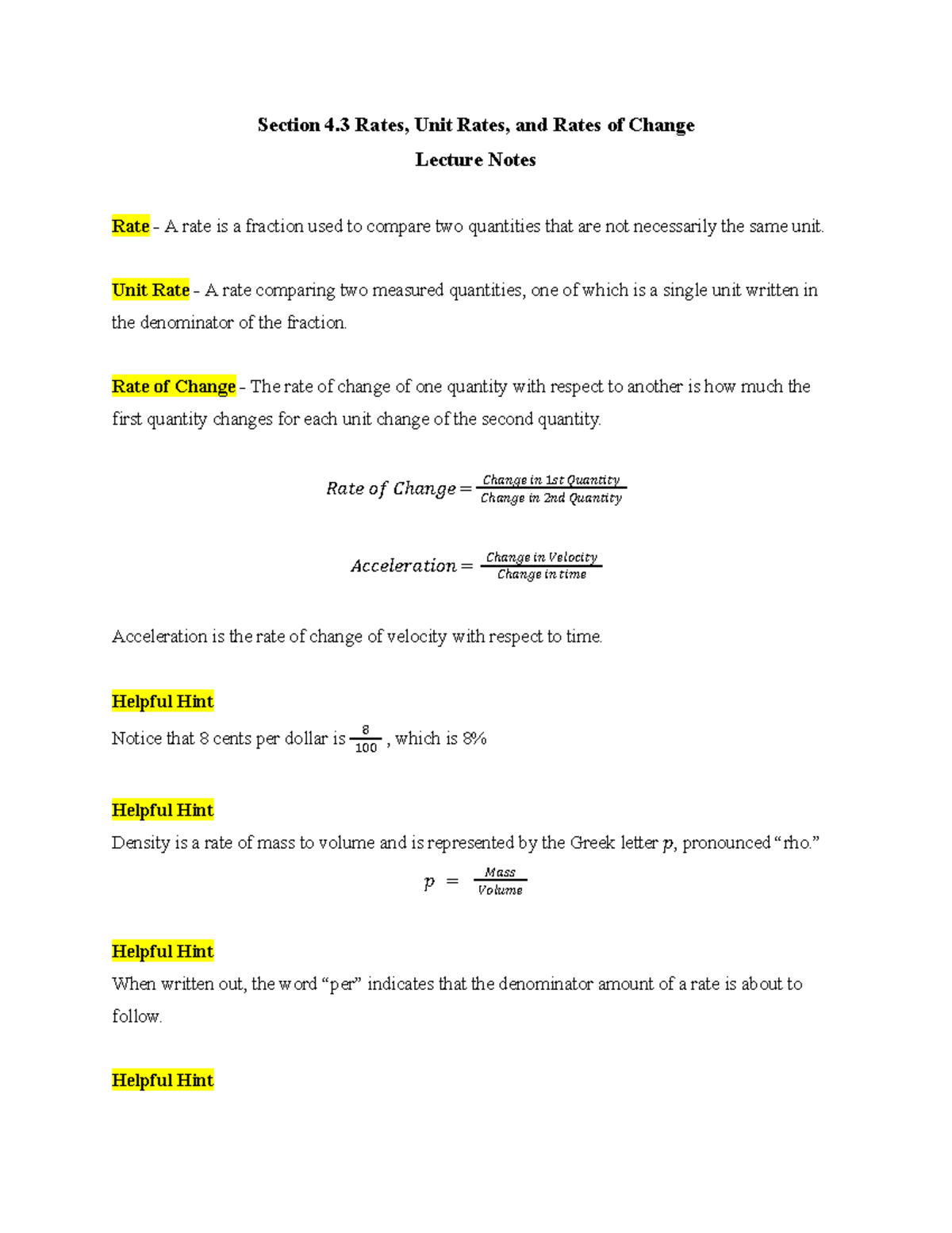 Section 4.3 Notes - Section 4 Rates, Unit Rates, and Rates of Change ...