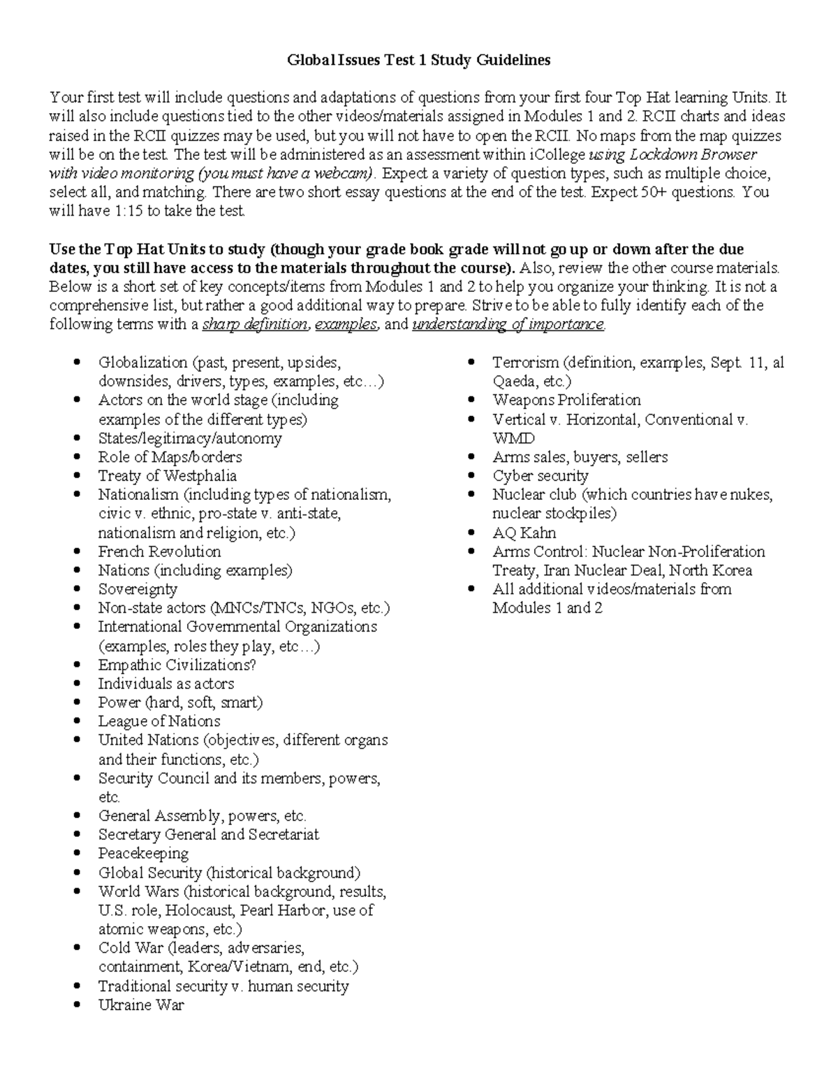 Global Issues Test 1 Study Guidelines 2 - Global Issues Test 1 Study ...