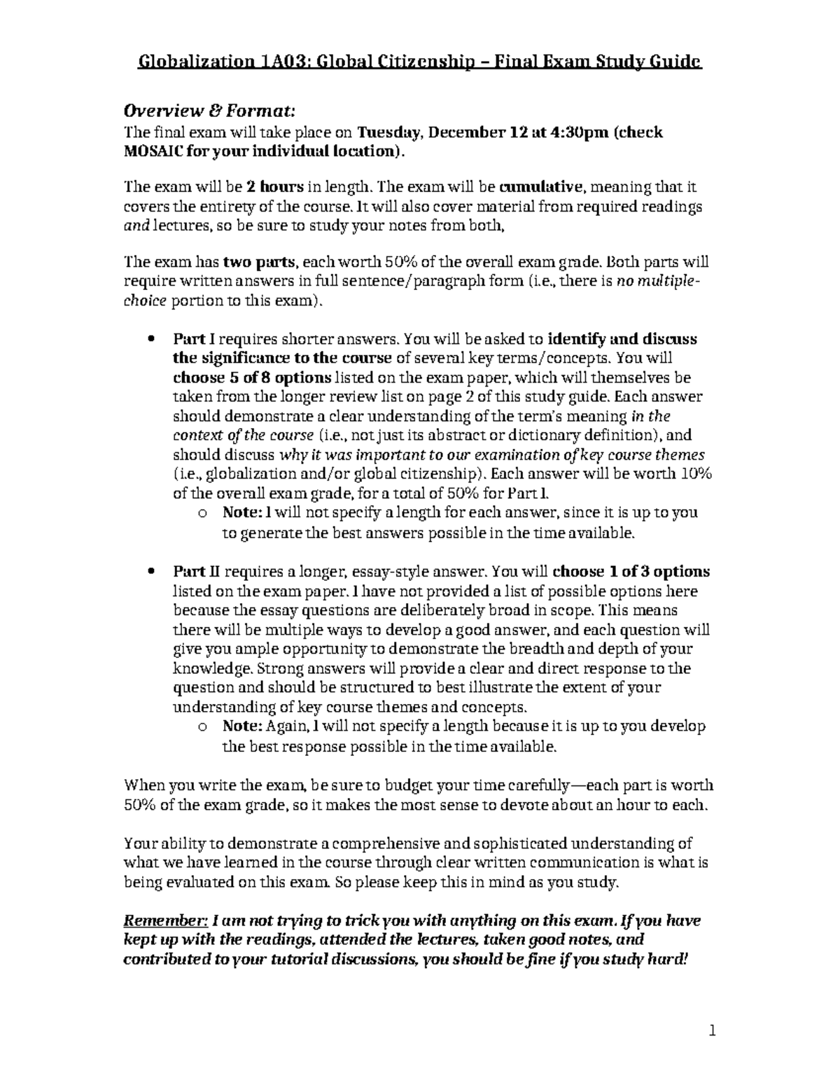 Exam Study Guide (Fall 2023) - Globalization 1A03: Global Citizenship ...