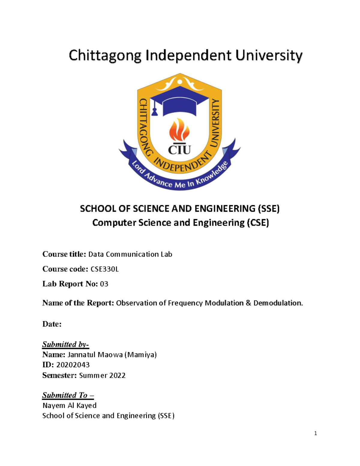 DC Lab 3 - Course title: Data Communication Lab Course code: CSE330L ...