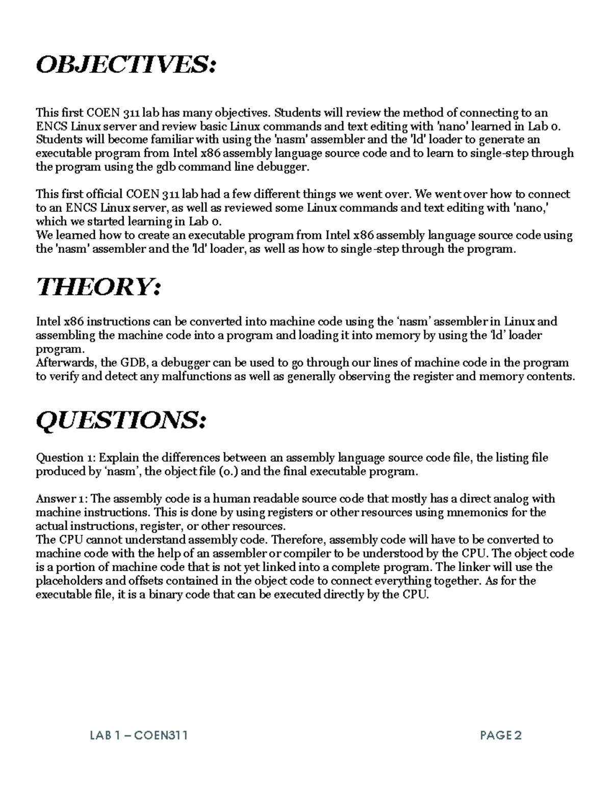 Lab 1 Report - Questions answered but code is missing - LAB 1 – COEN311 ...