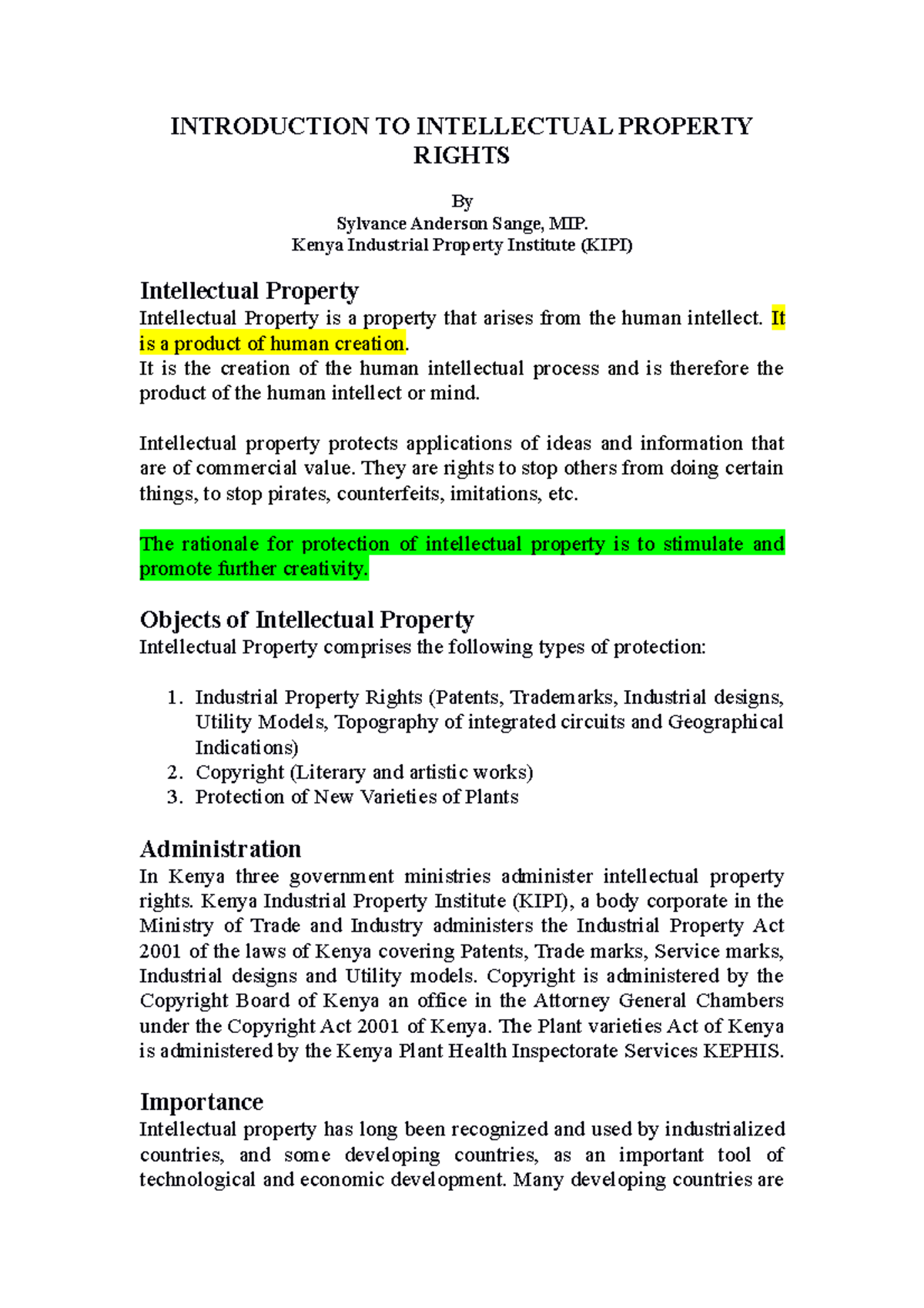 Intellectual property notes - INTRODUCTION TO INTELLECTUAL PROPERTY ...