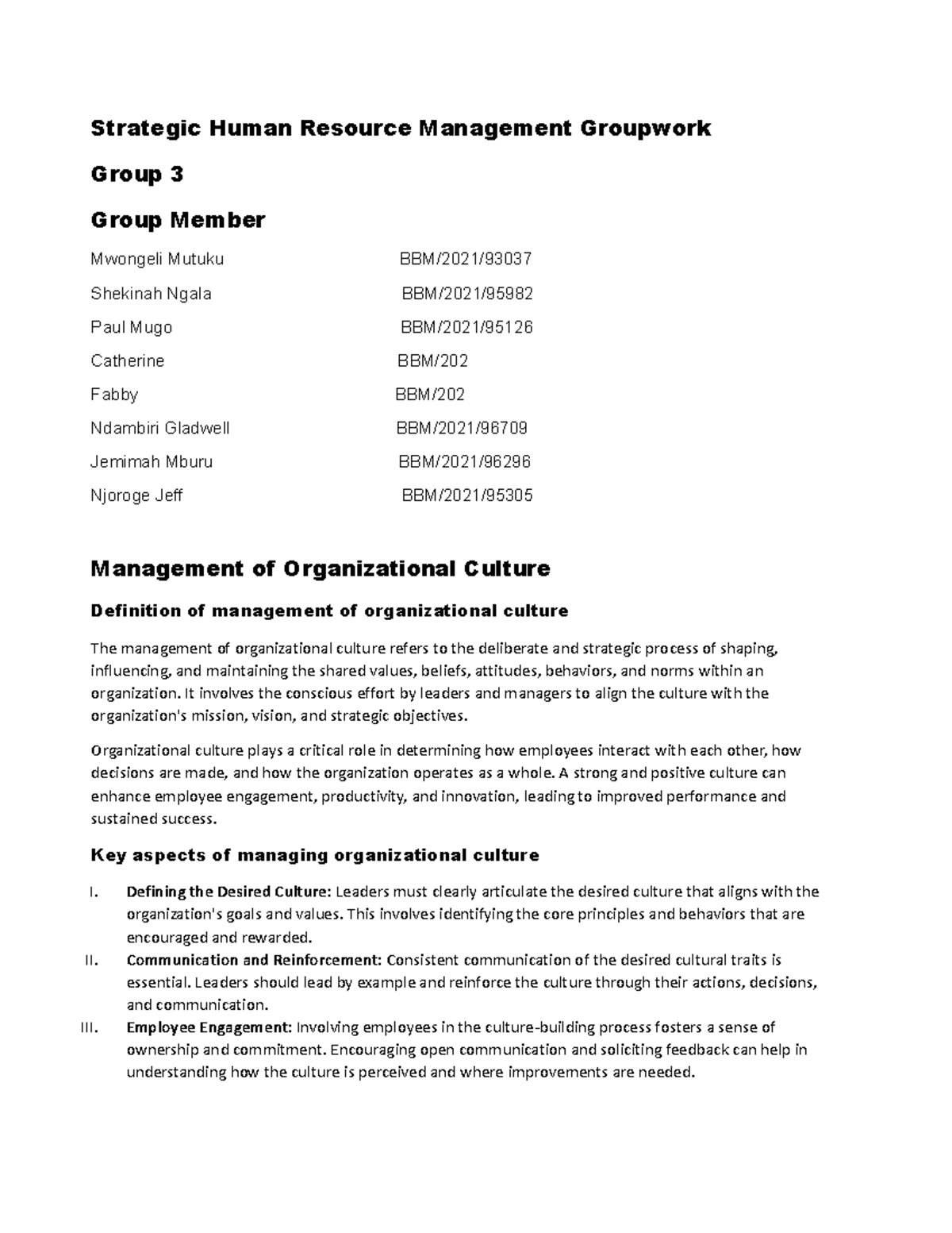 Strategic HRM - Management of organizational culture notes - Strategic ...