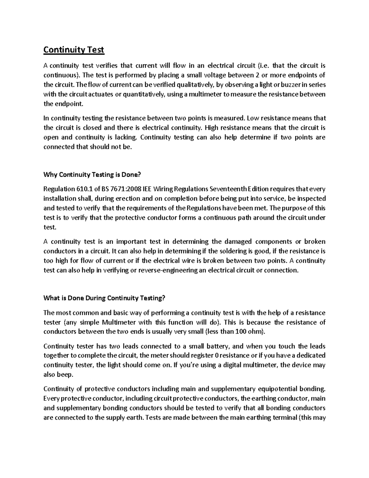 Testing - student - Continuity Test A continuity test verifies that ...