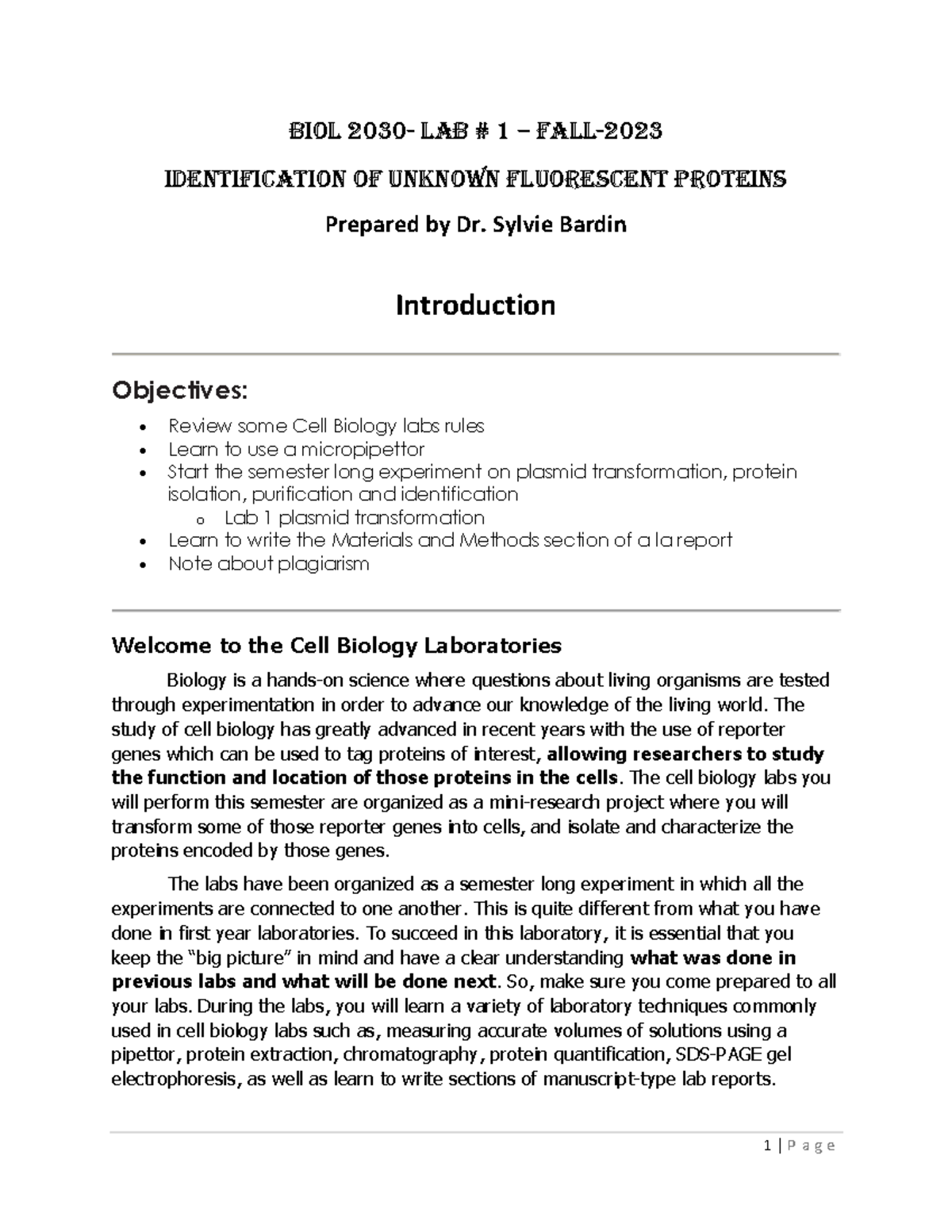 Lab 1-Identification of Unknown Fluorescent Proteins-Introduction Protocol -F2023-2 - Biol 2030 ...