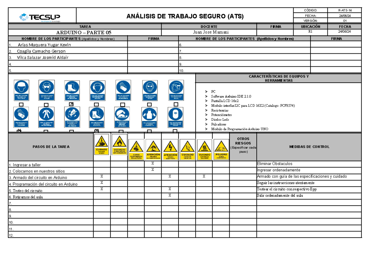 Ats-tecsup - ATS Tecsup - ANÁLISIS DE TRABAJO SEGURO (ATS) CÓDIGO: R-ATS- 14 FECHA: 24/06 ...