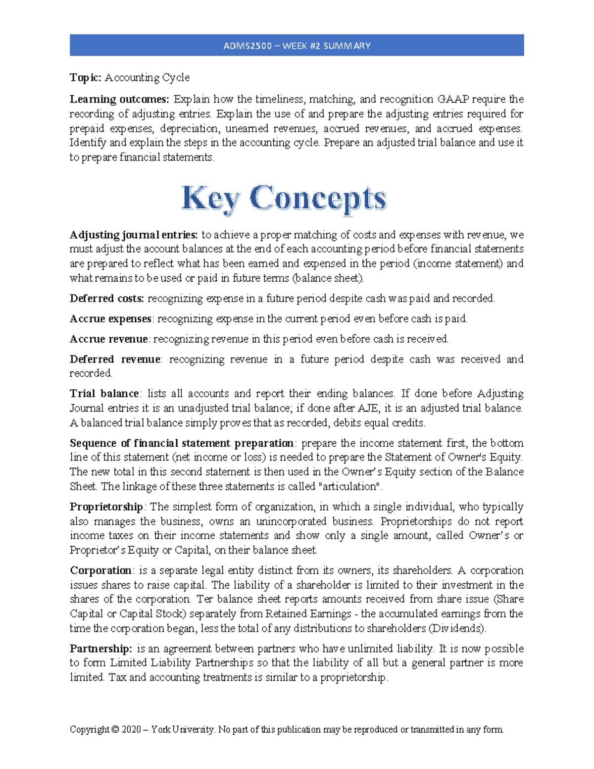 Week 2 summary for self study (update) - ADMS2500 – WEEK # 2 SUMMARY ...