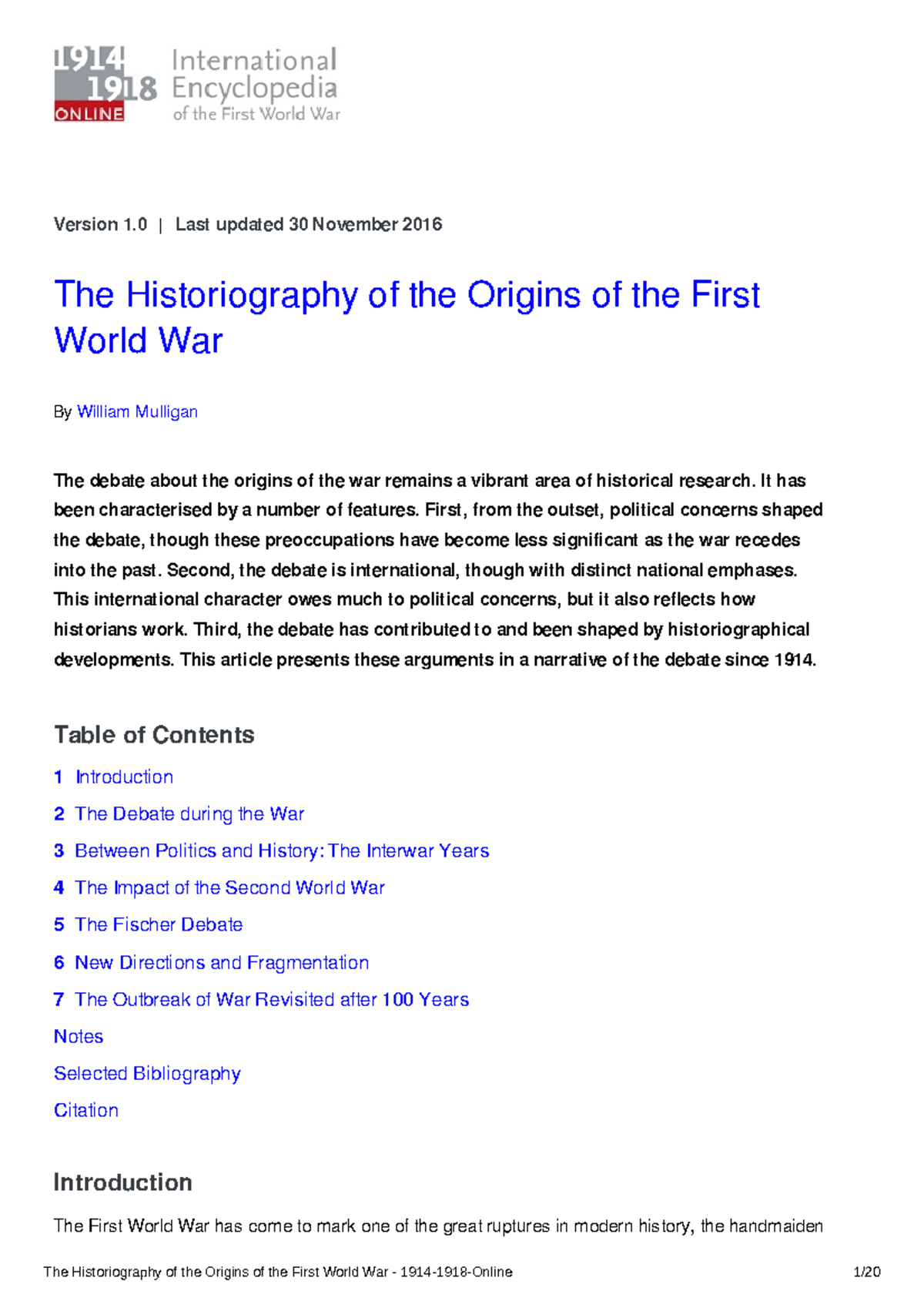 Historiography of the origins of WWI - Version 1 | Last updated 30 ...