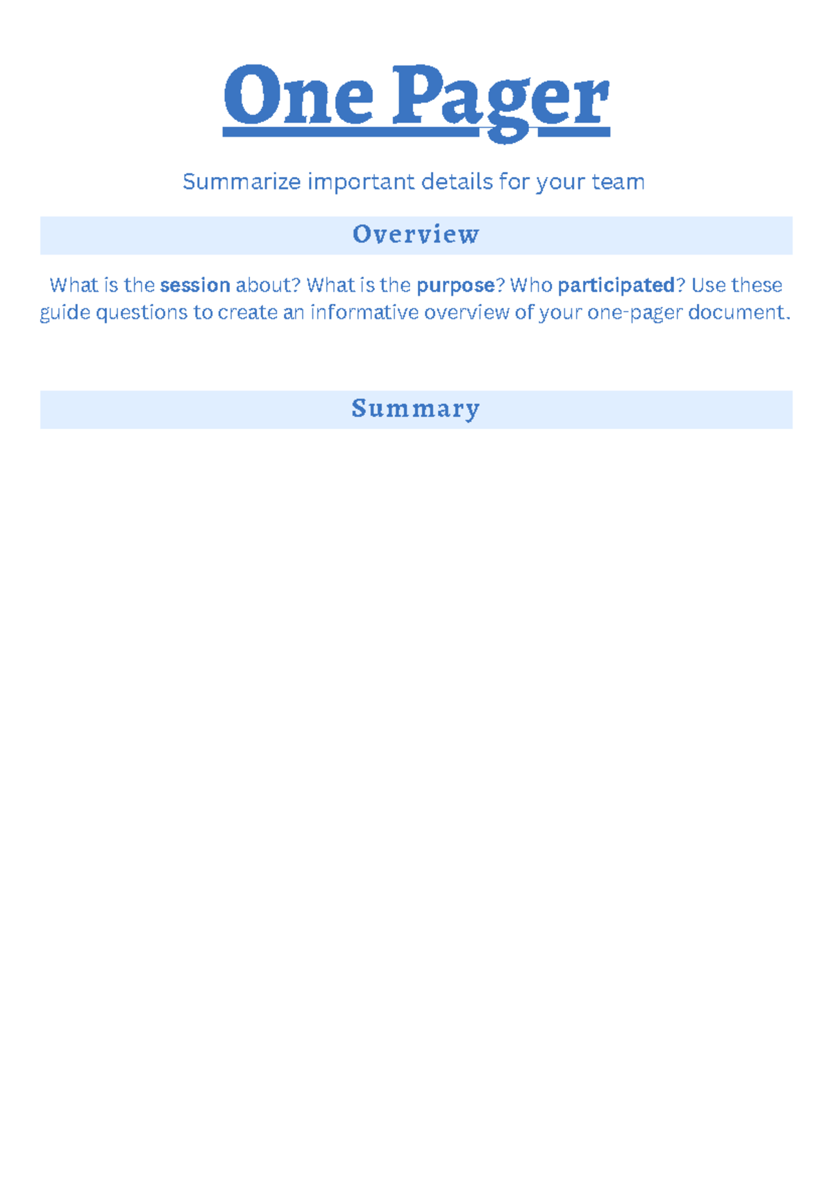 One Pager Doc - complete - One Pager Summarize important details for ...