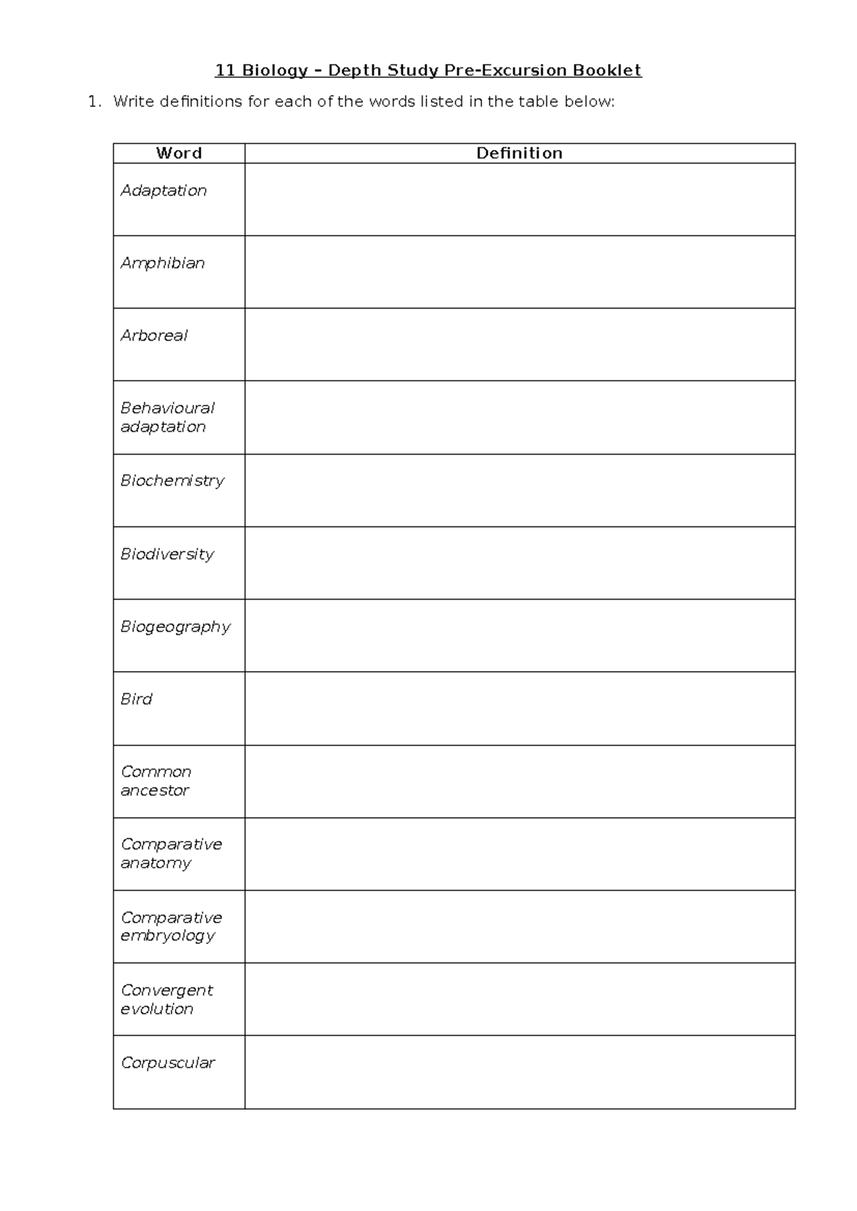 11 Biology - pre-excursion glossary - 11 Biology – Depth Study Pre ...