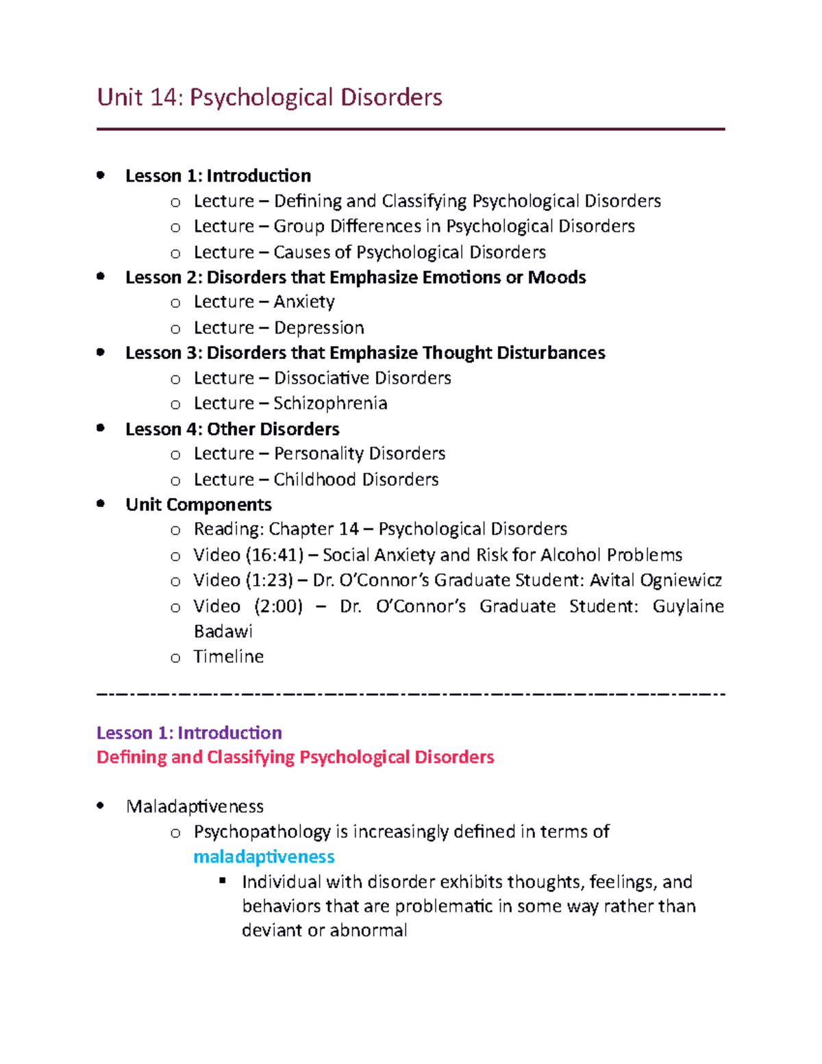 Notes (Unit 14) - psychological disorders - Unit 14: Psychological ...