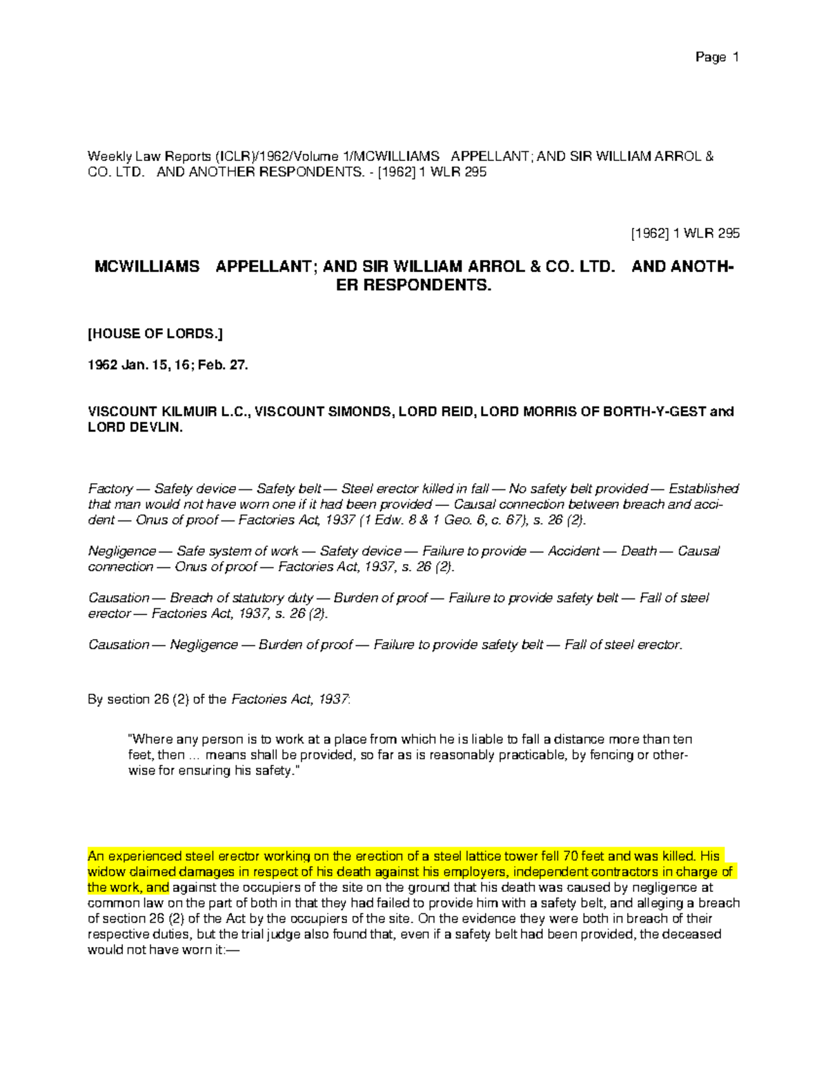 Mcwilliams Appellant AND SIR William Arrol - Weekly Law Reports (ICLR ...